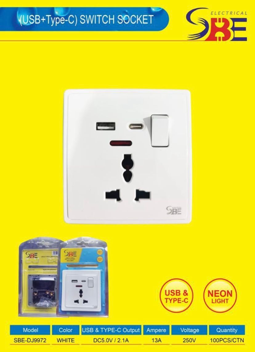 SBE 1 USB + 1 TypeC Switch Socket Universal 13A c/w Neon Light | Shopee ...