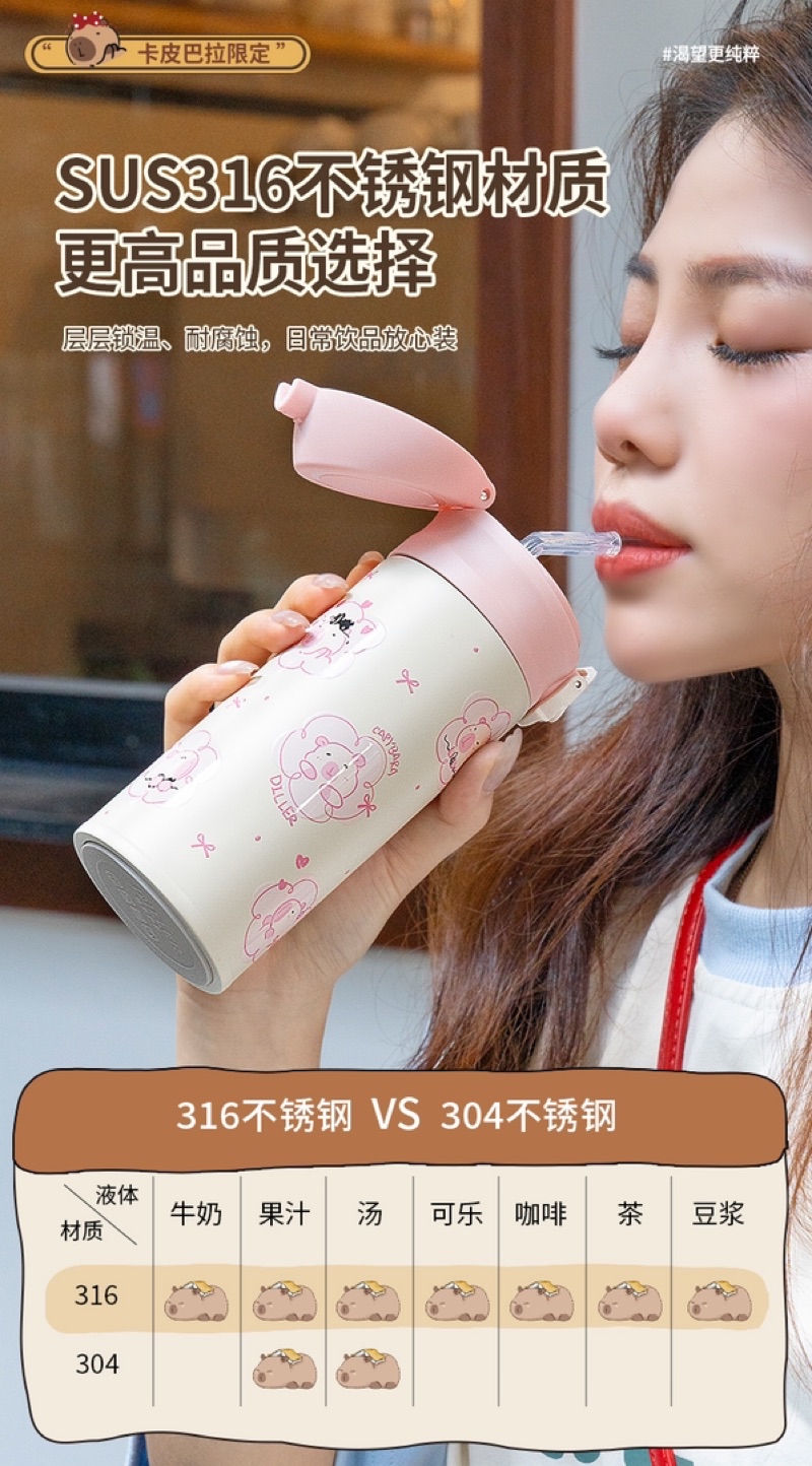 Diller Capybara SUS316 Botol Air Thermo Straw Thermo Water Bottle Flask D9281 (350ml/480ml ...