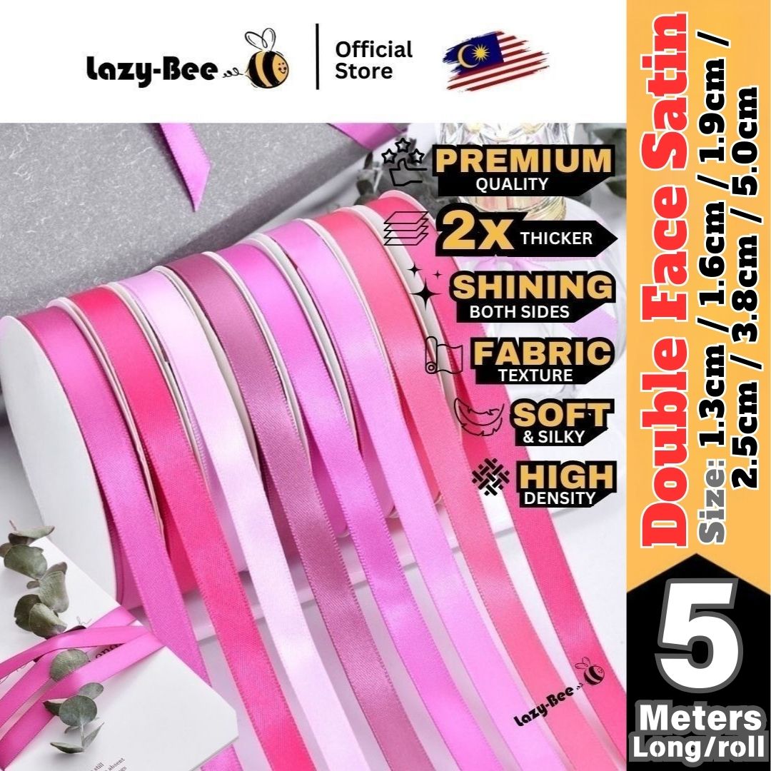 LAZY BEE Red Azalea Pink 5 Meter Premium Double Faced Satin Ribbon Gift ...