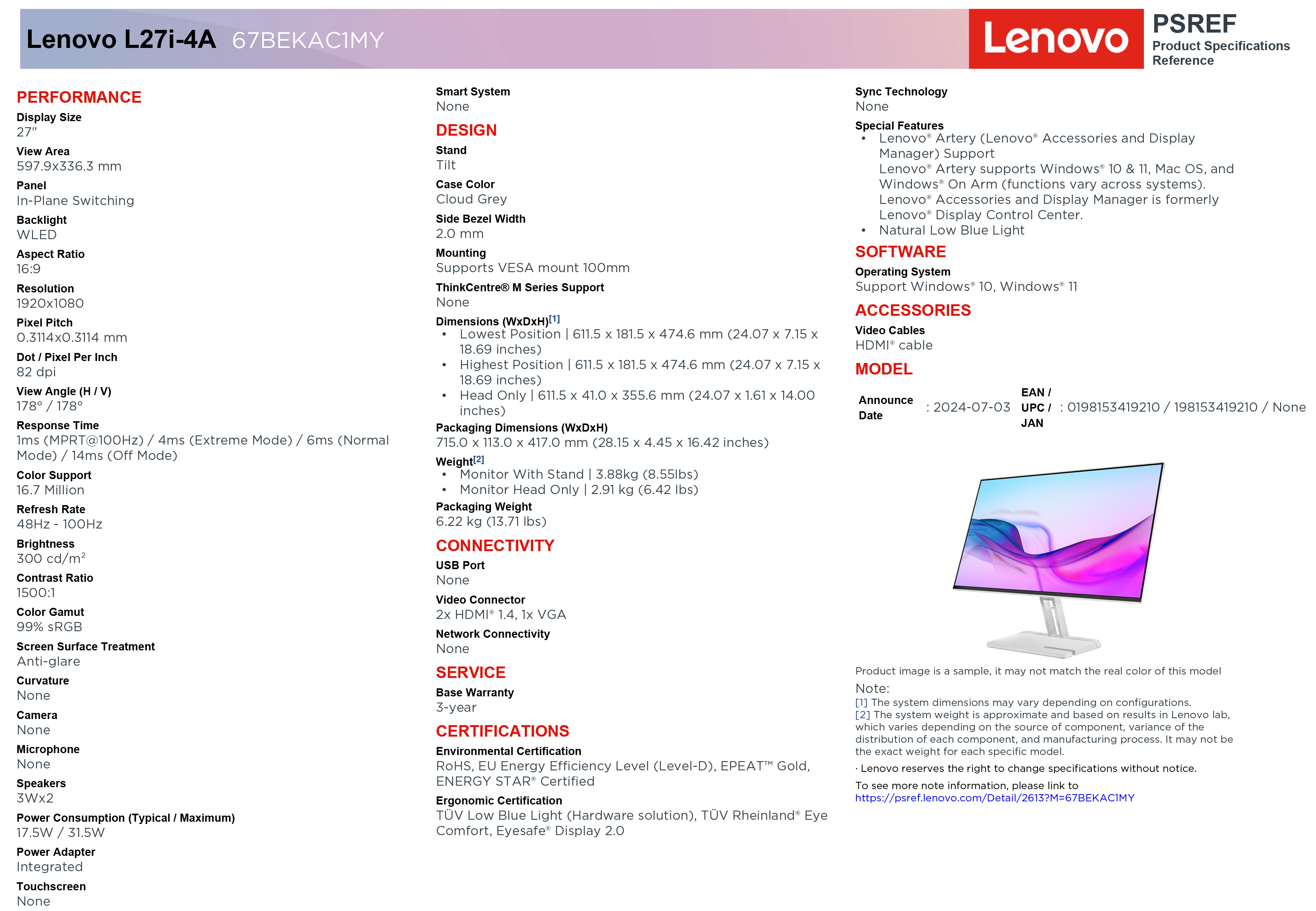Lenovo L27i 4a 100hz L27 4c 144hz 27 Monitor With Built In