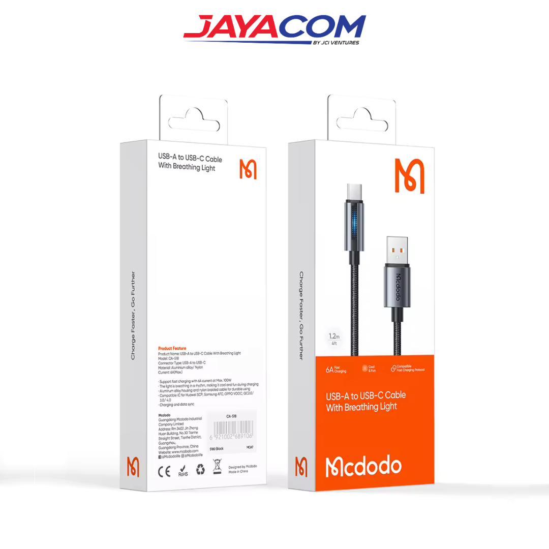 Mcdodo CA-518 USB-A to Type-C 100W Cable with Breathing Light – Black (1.2m / 6A Current / Cool ...
