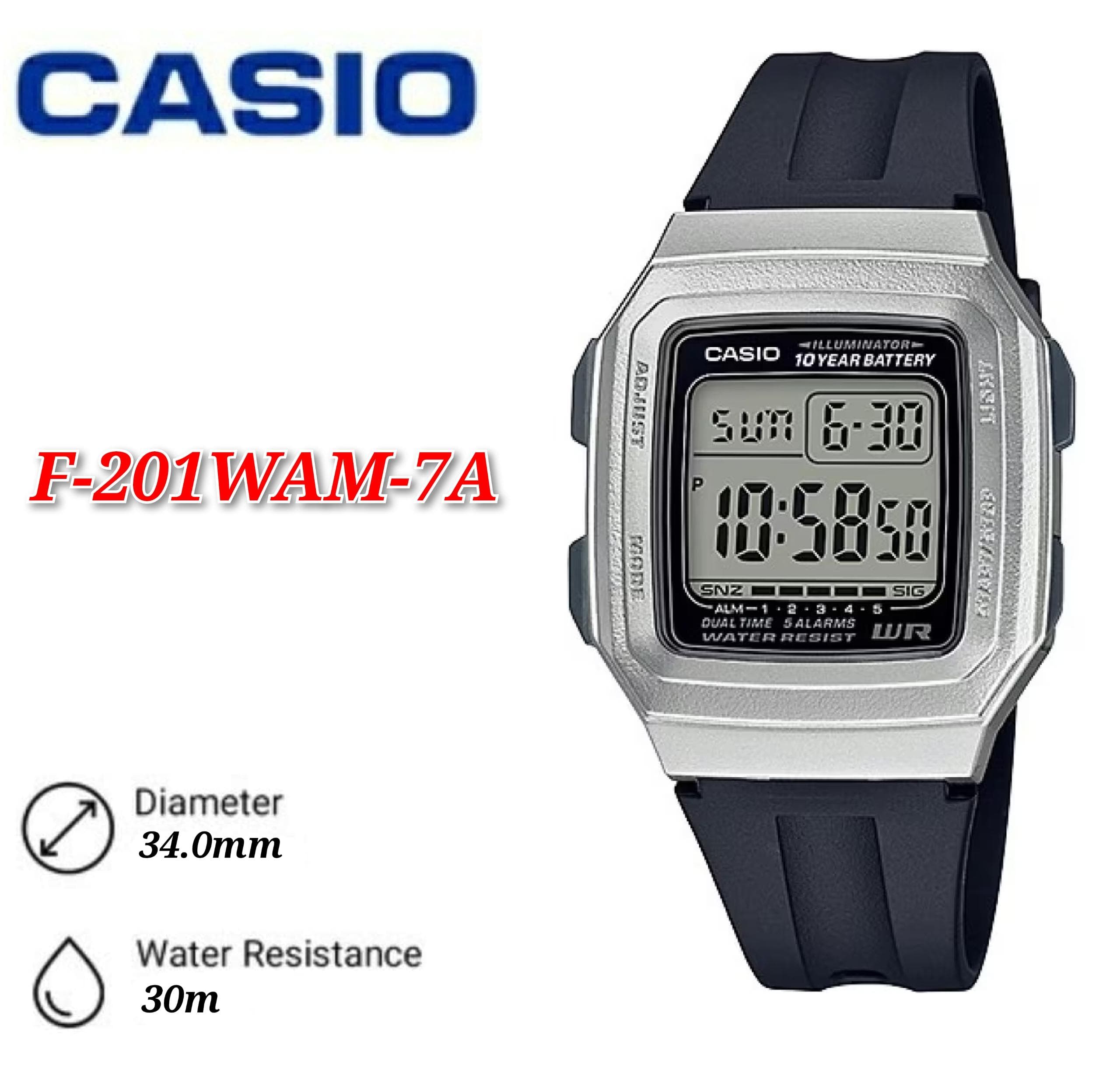 Casio F-201WAM-7A Men's Classic Quartz Resin Strap, Black, Casual Watch ...