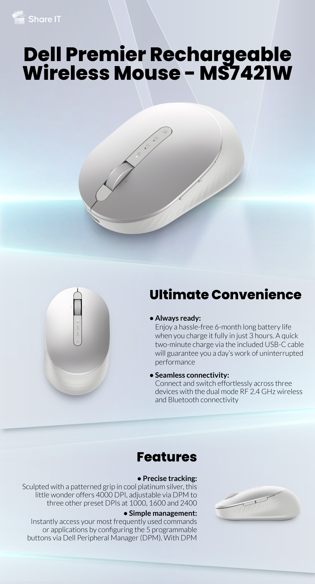 DELL Premier Rechargeable USB-C Wireless Mouse MS7421W | Shopee Malaysia
