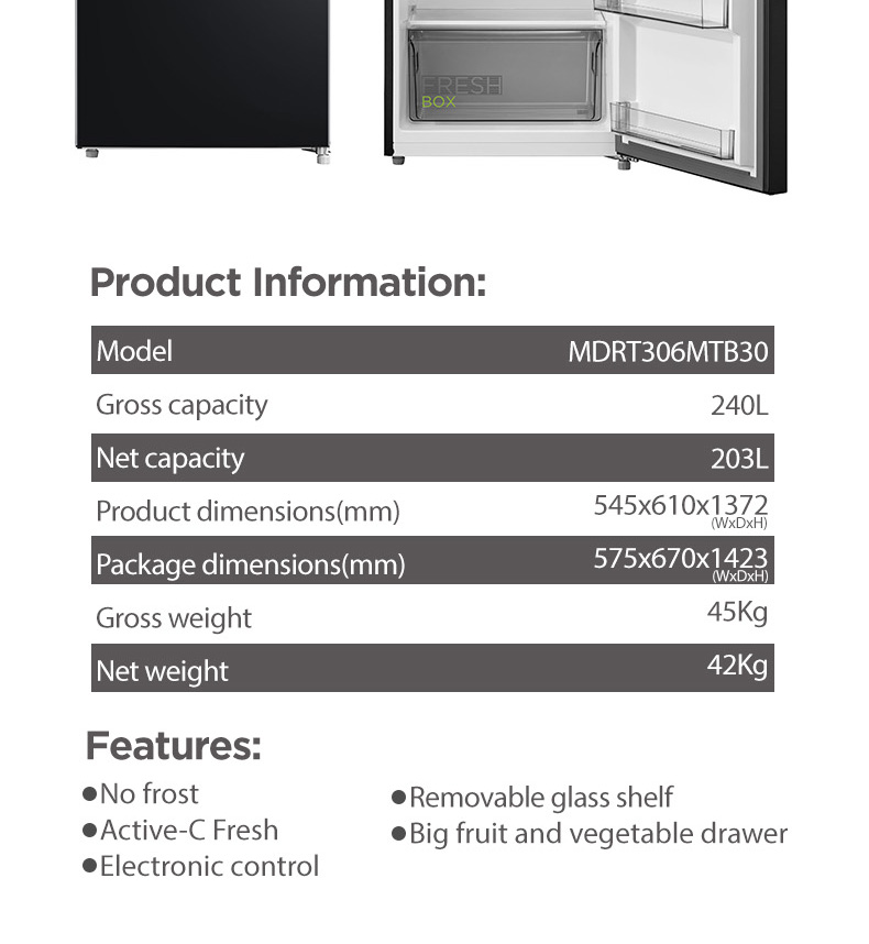 Midea MDRT306MTB30 Gross 240L 2 Doors Refrigerator / Fridge / Peti ...