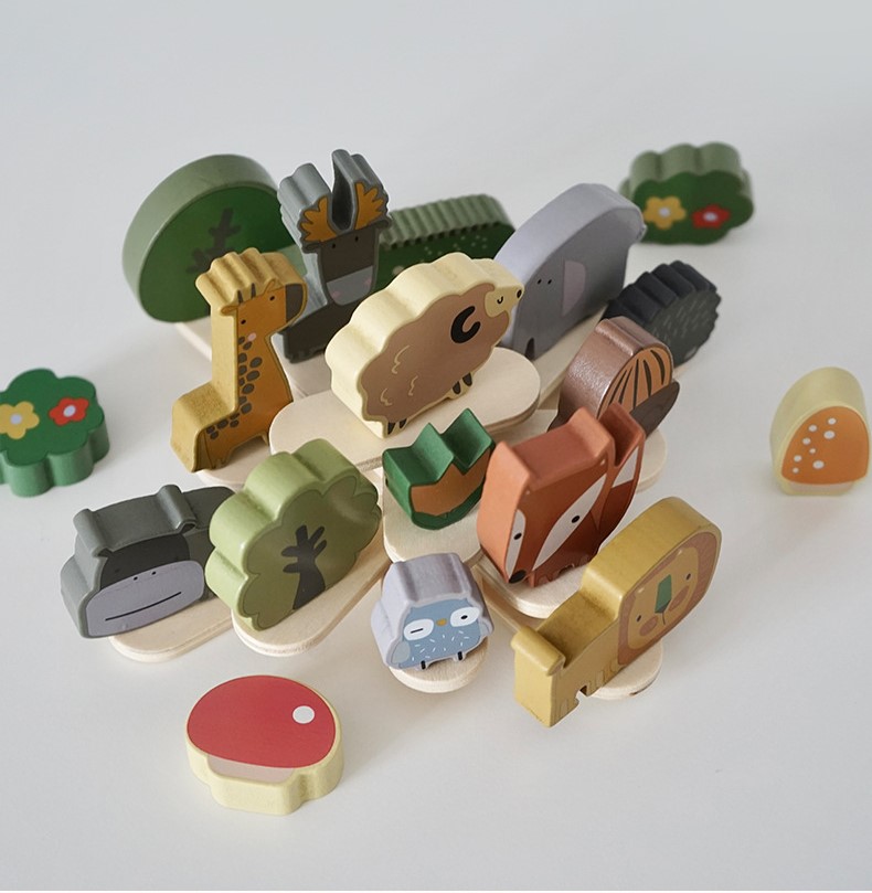 Wooden Zoo Animals Balance & Stack Geometric Building Blocks Children ...