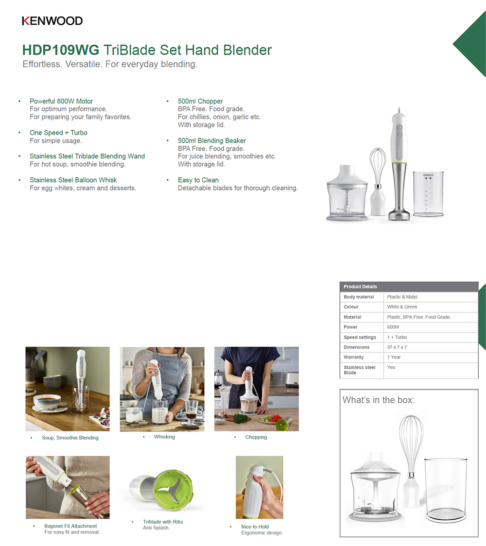 Kenwood HDP109WG 1 + Turbo Speed Settings Triblade Hand Blender | ESH ...