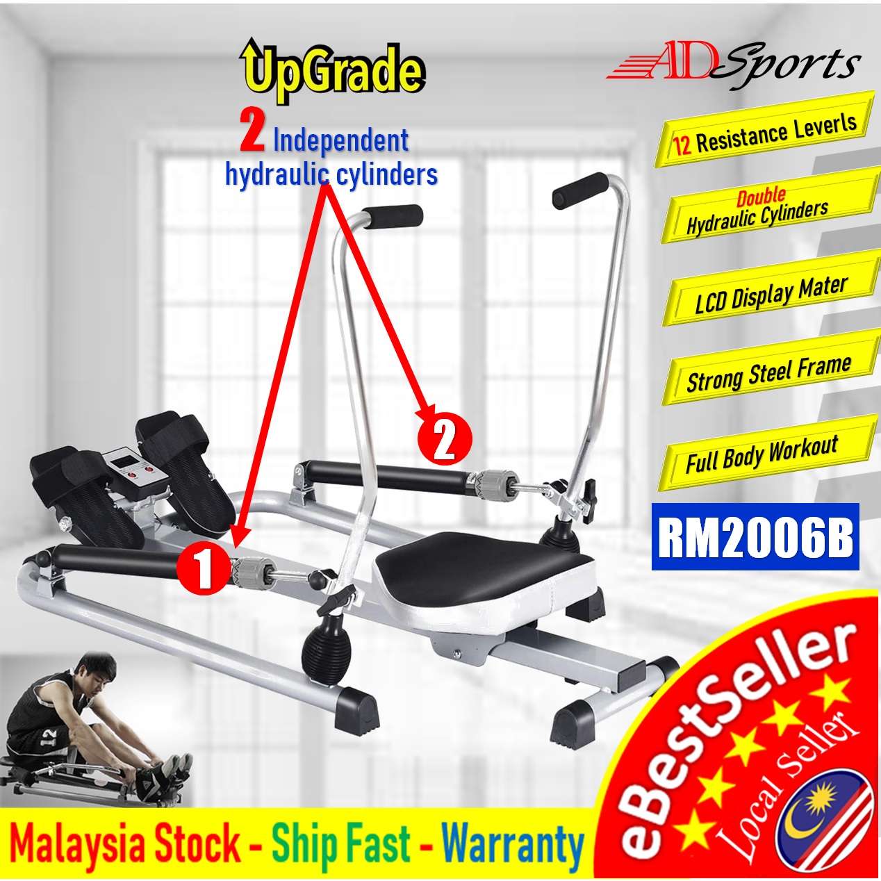 Upgrade Double Hydraulic Rowing Machine Full Motion Rower Wt LCD ...