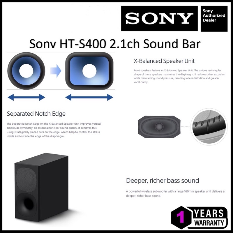 Sony HT-S400 2.1ch Sound Bar With Powerful Wireless Subwoofer Bluetooth ...