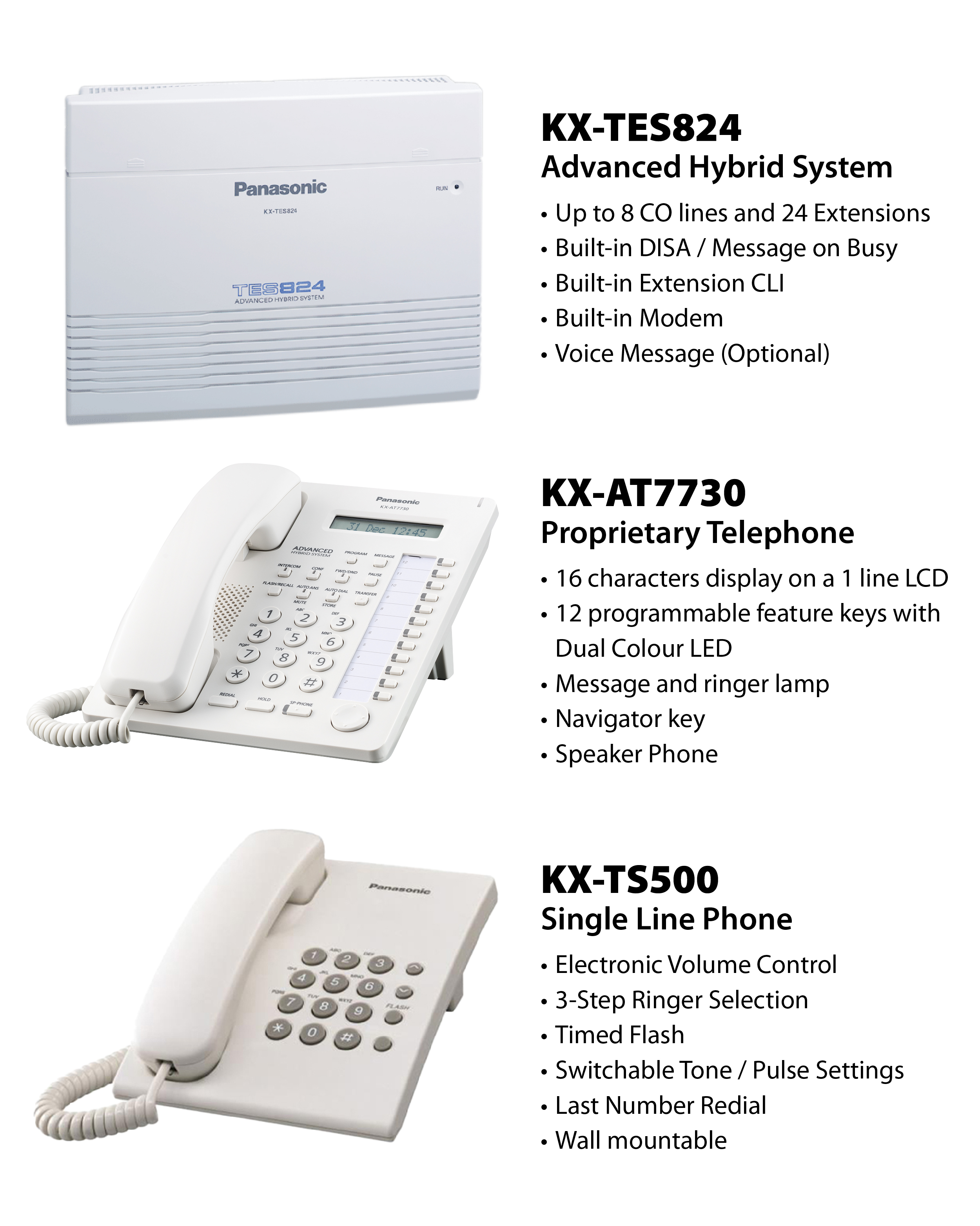 PANASONIC KX-TES824 Advanced Hybrid System with KX-AT7730 x1 & KX-TS500 ...
