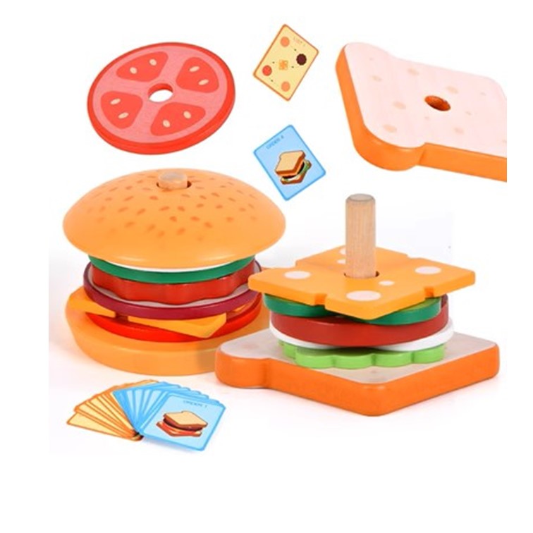 Stacking Burger Sandwich Toy Wooden Montessori Toy for kids Role Play ...