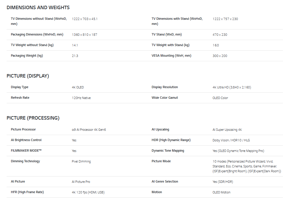 LG 55" OLED evo C3 OLED55C3PSA 120Hz Dolby Vision & HDR10 4K UHD Smart ...