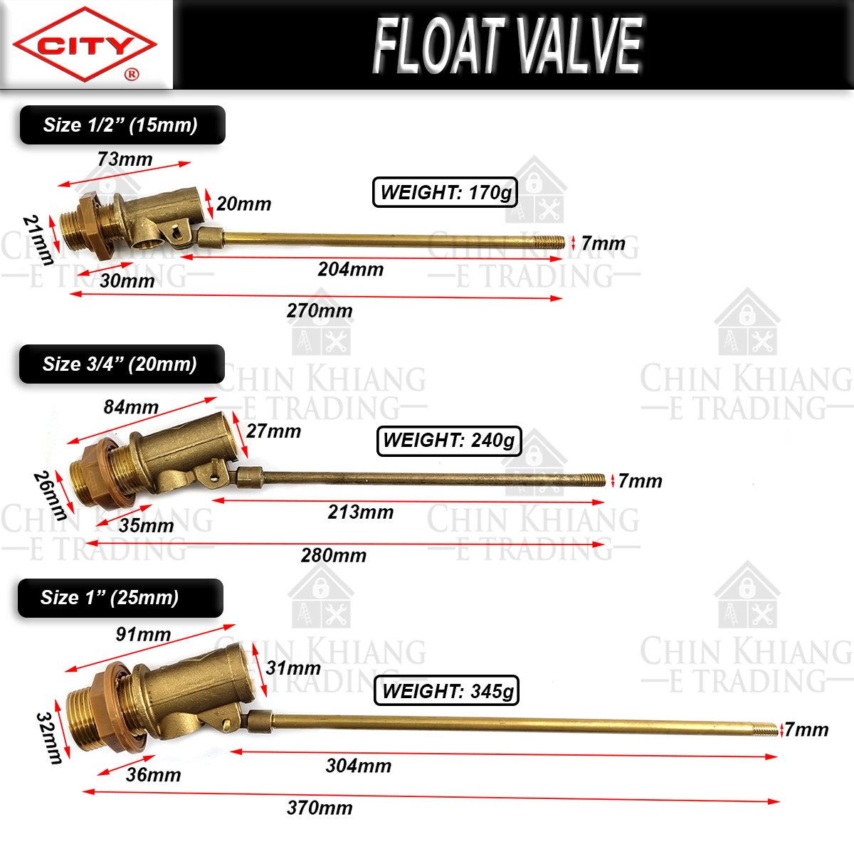 CITY Brass Float Valve Water Tank Light Duty Tangki Air Pelampung Bola ...