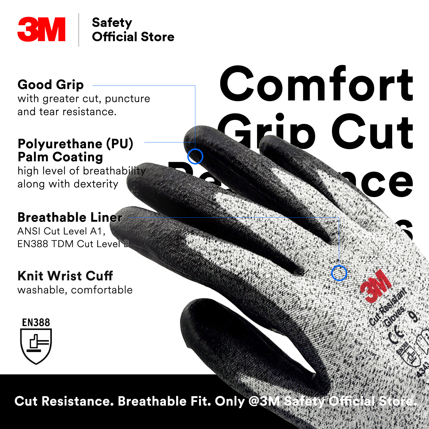 3M Comfort Grip Cut Resistant Gloves CG-CRE/ Abrasion Puncture ...