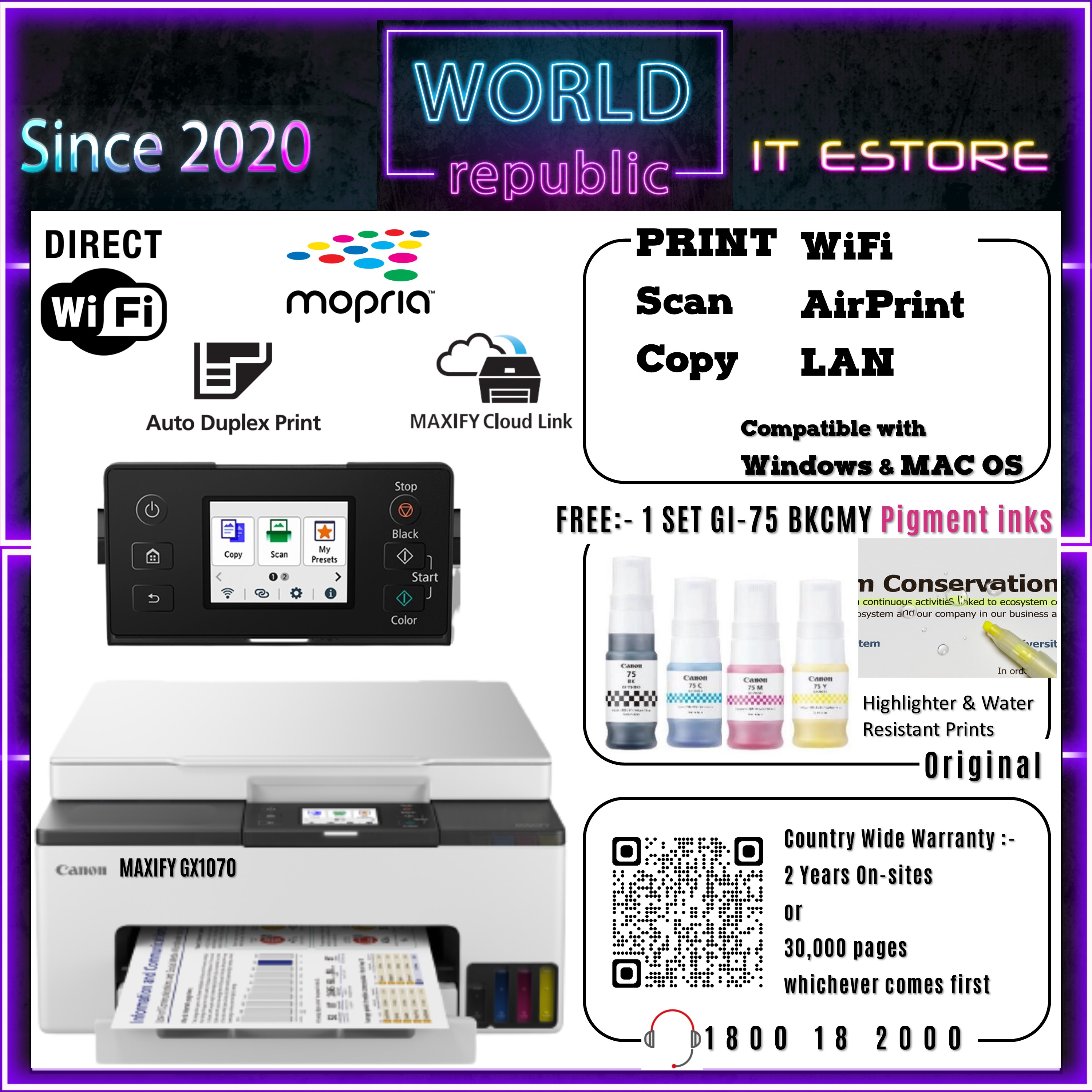 Canon MAXIFY Wireless GX1070 Printer - Print Scan Copy WiFi - GI-75 BK ...