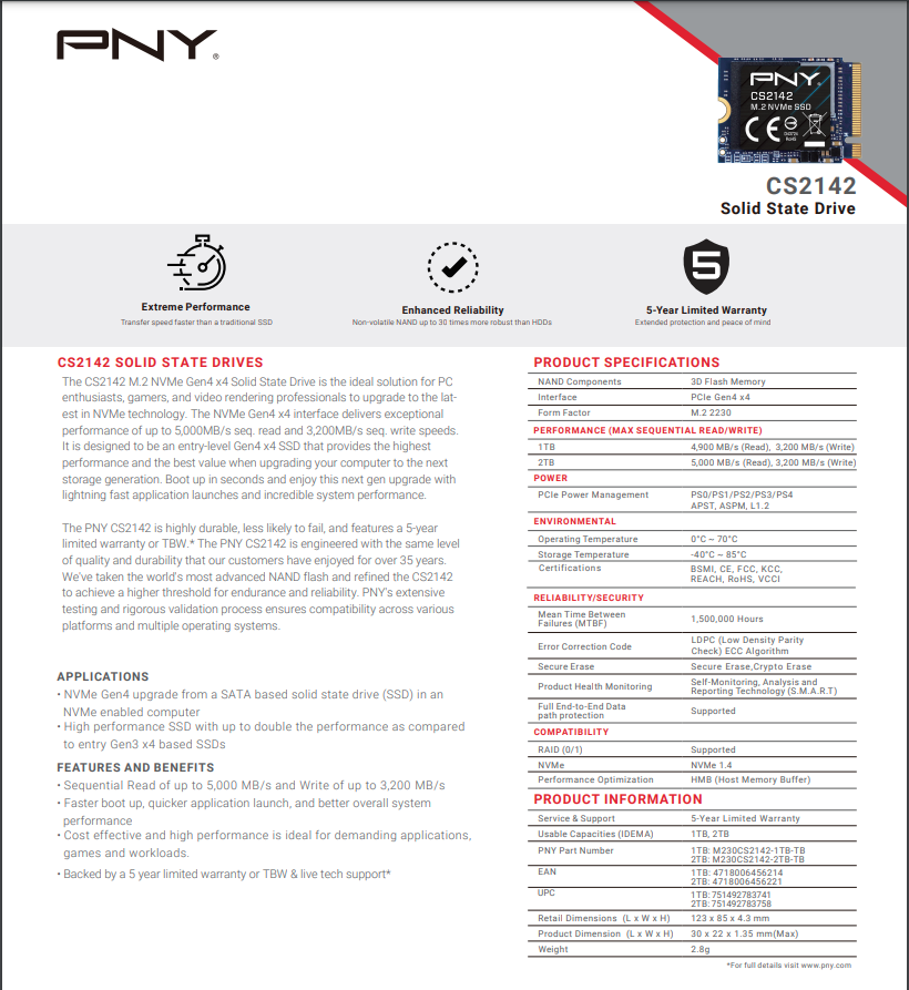 PNY CS2142 SSD SOLID STATE DRIVE M.2 2230 NVME PCIE GEN4X4 1TB/ 2TB COMPATIBLE WITH ROG ALLY ...