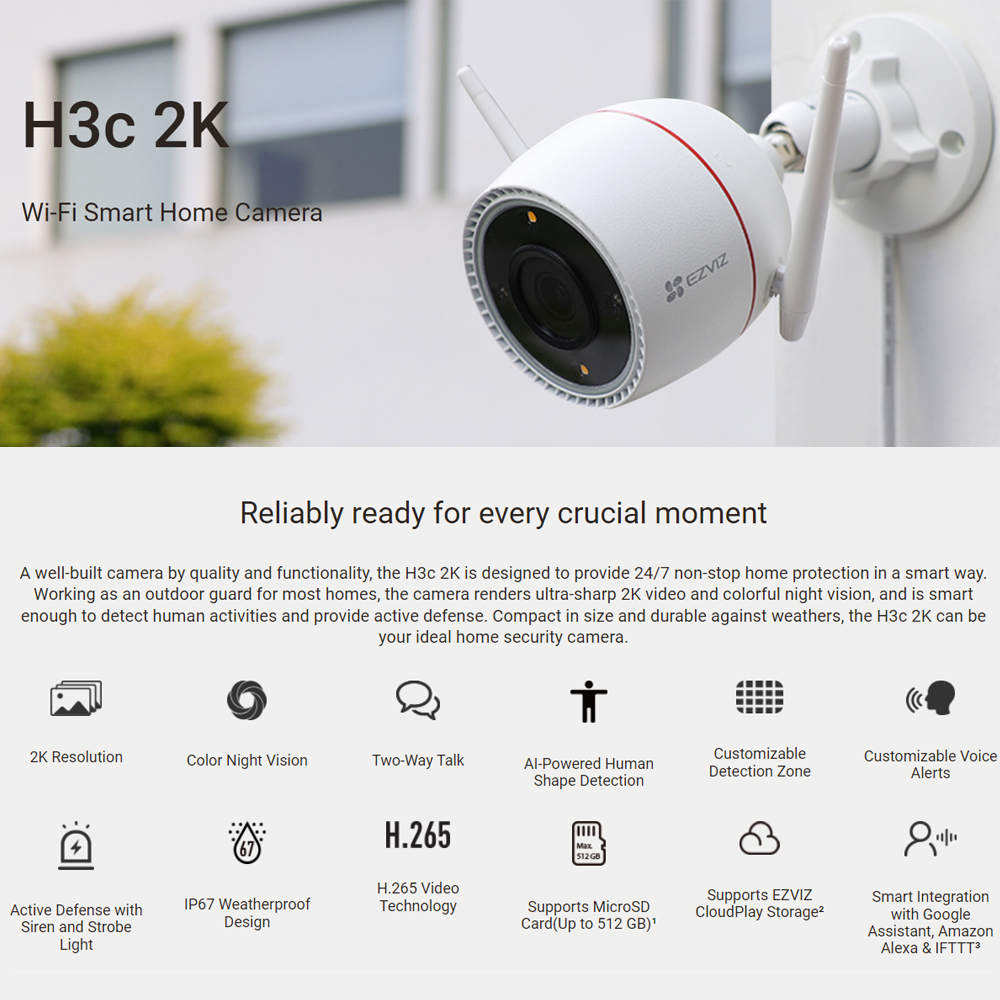 Ezviz H3C 2K 1296P 3MP Two Way Talk Color Night Vision Wireless Wi-Fi ...