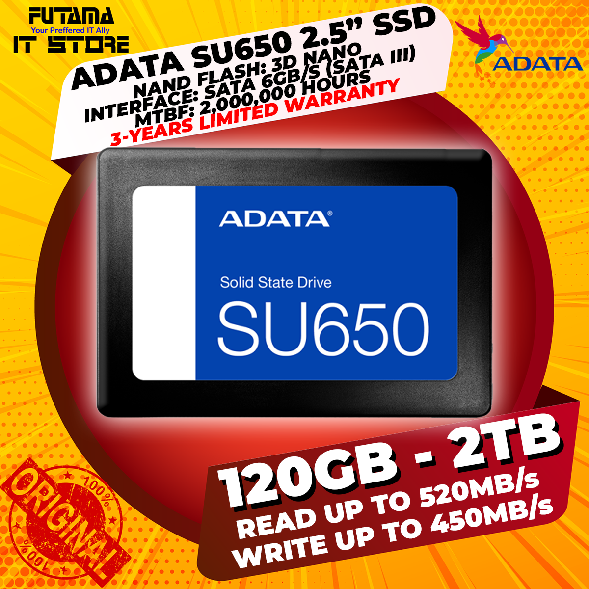 ADATA SU650 2.5" SATA Solid State Drive (SSD) - 120GB/256GB/512GB/960GB ...