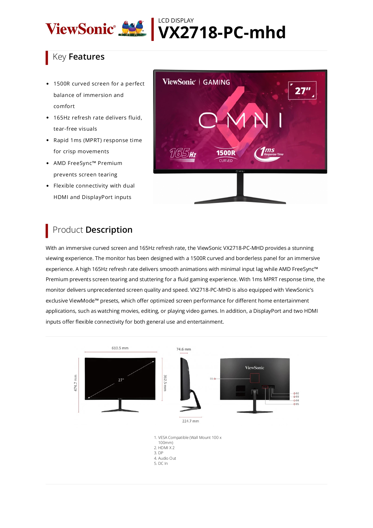 VIEWSONIC VX2718-PC-MHD 27" CURVED GAMING MONITOR ( 27" VA FHD / 165Hz ...