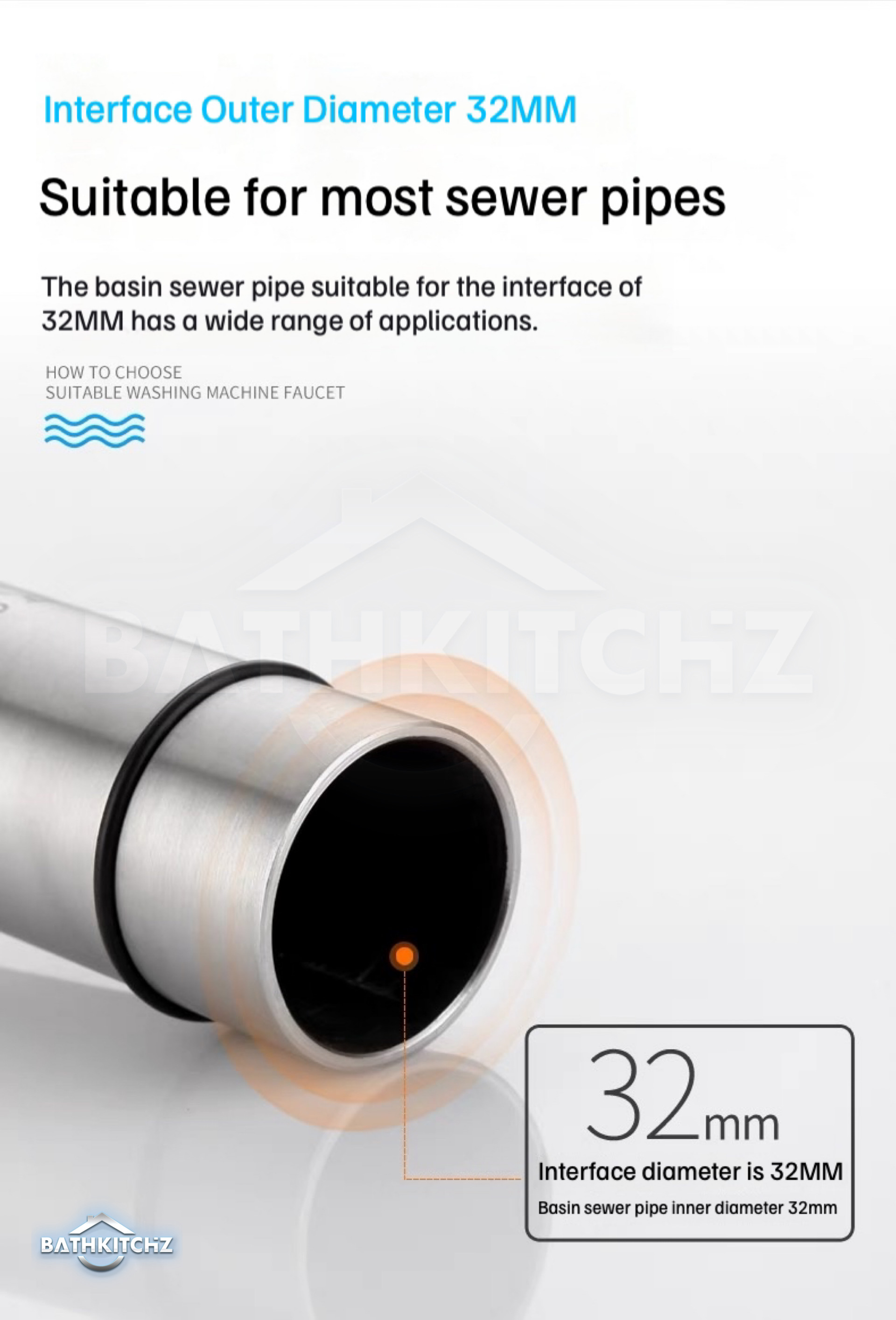 BATHKITCHZ SUS304 Bathroom Basin Drain Waste with Overflow Long Body ...