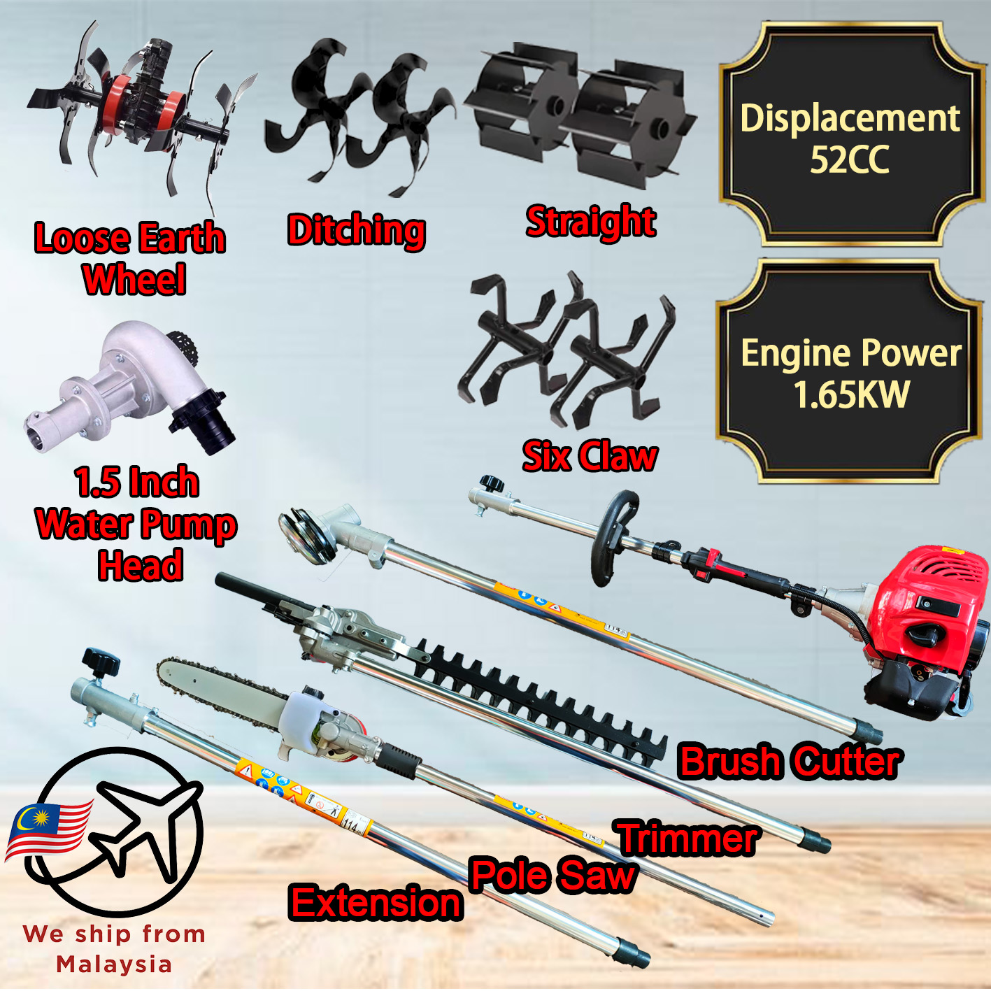 [𝐇𝐞𝐚𝐯𝐲 𝐃𝐮𝐭𝐲]Garden Multi-tools System 52CC Straight Shaft Brush Cutter Pole Saw Hedge Trimmer ...