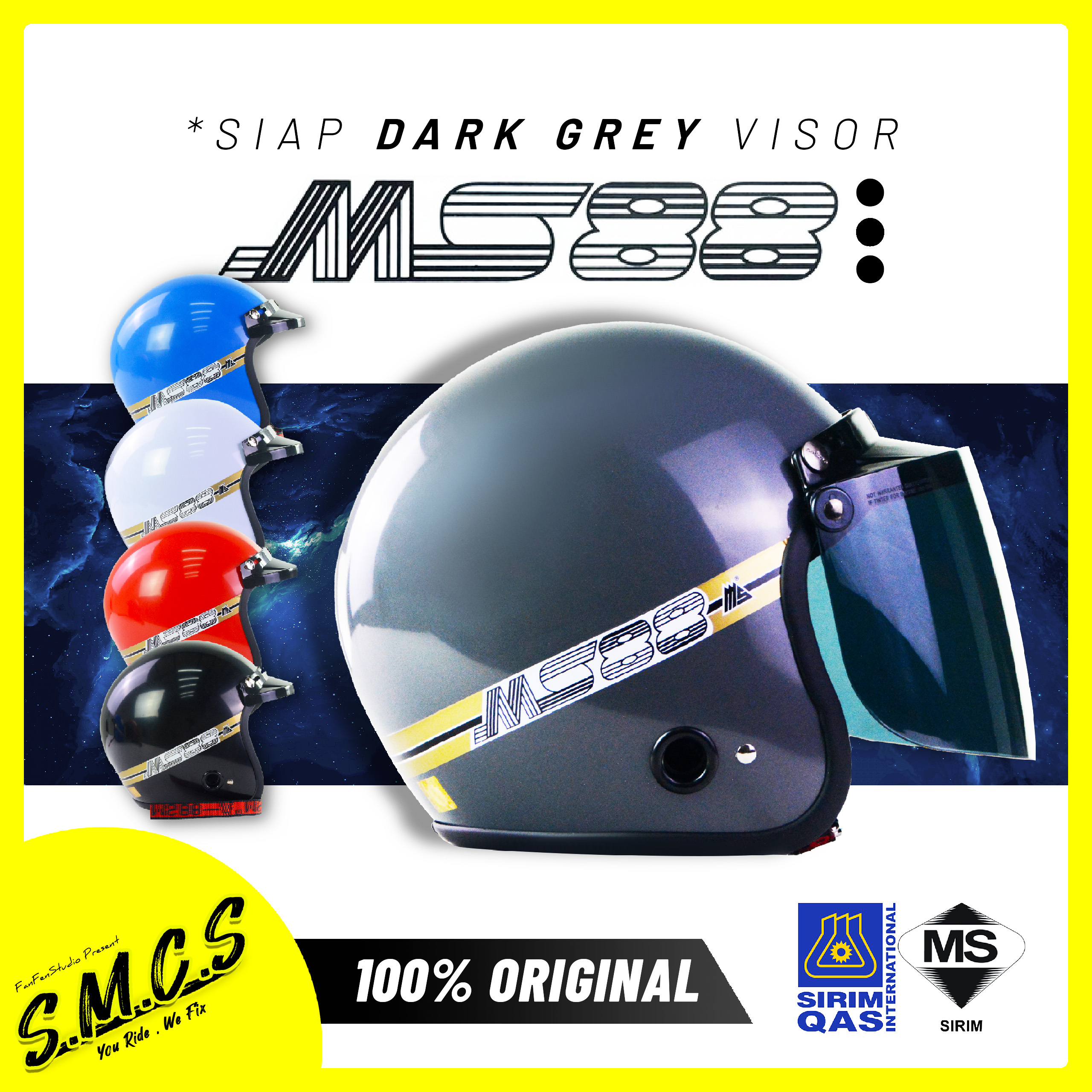[𝟭𝟬𝟬%𝗢𝗥𝗜] MS88 Helmet Siap Dark Grey Visor MS Tali Tulisan Merah Sirim ...