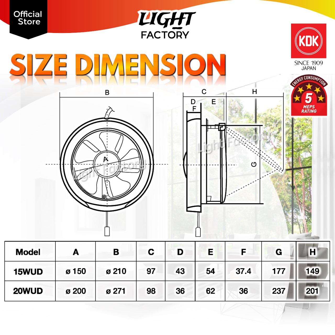 KDK 15WUD 20WUD Glass Mounted Exhaust Ventilating Fan 6" 15WUD 8" 20WUD ...