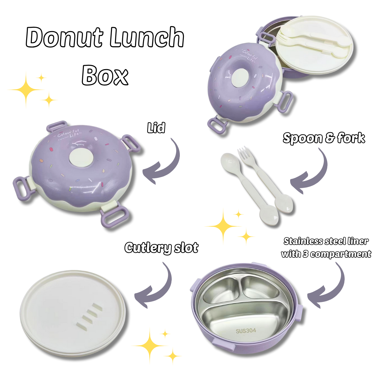 Donut Lunch Box 304 Stainless Steel Food Container with Spoon and fork ...