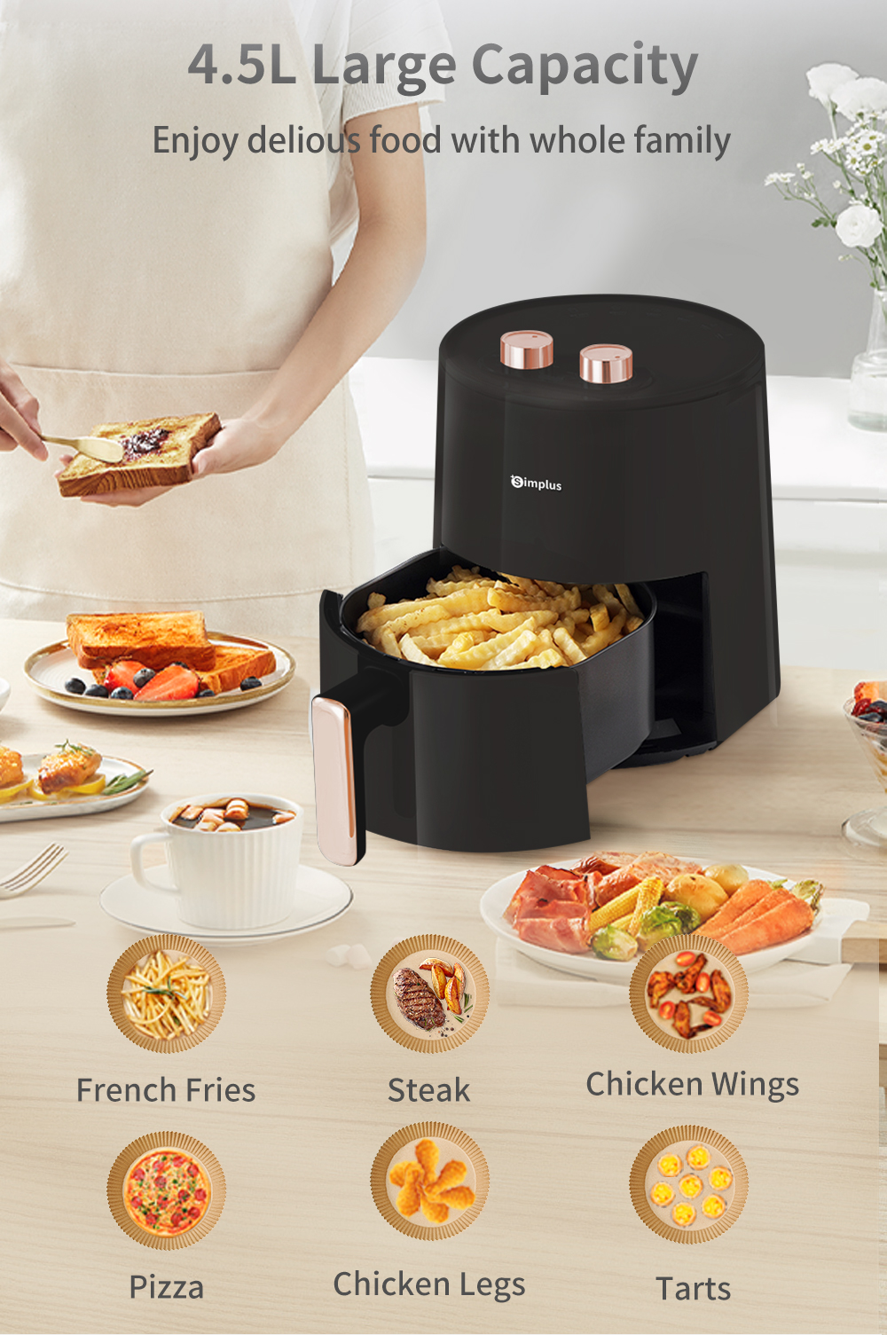 Simplus Air Fryer 4.5L 1300W Temperature Control 360°Hot Air ...