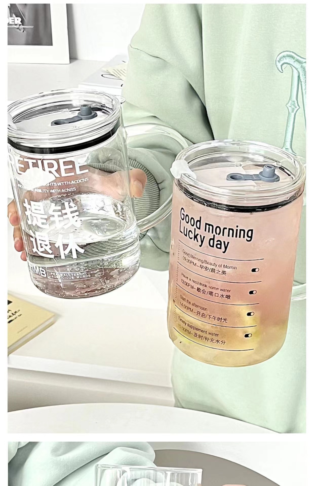Ins Style 1000ml Glass Cups With Lid And Straw Cute Coffee Mugs Big ...