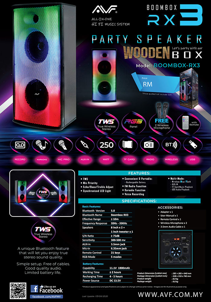 AVF Boombox RX3 Portable Wireless Bluetooth Karaoke Speaker/Built in battery/Wireless Mic/TWS ...