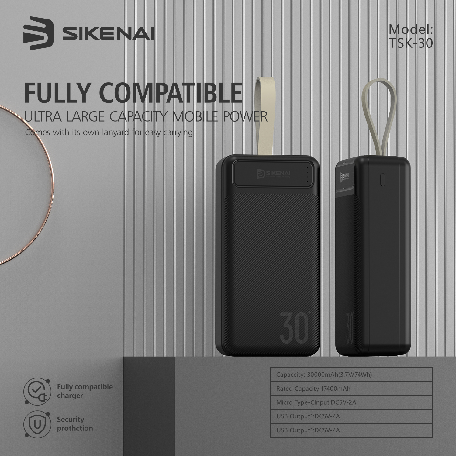 SIKENAI TSK-30 Ultra Large Capacity 30000mAh Built-in Smart Chip SV/2A ...