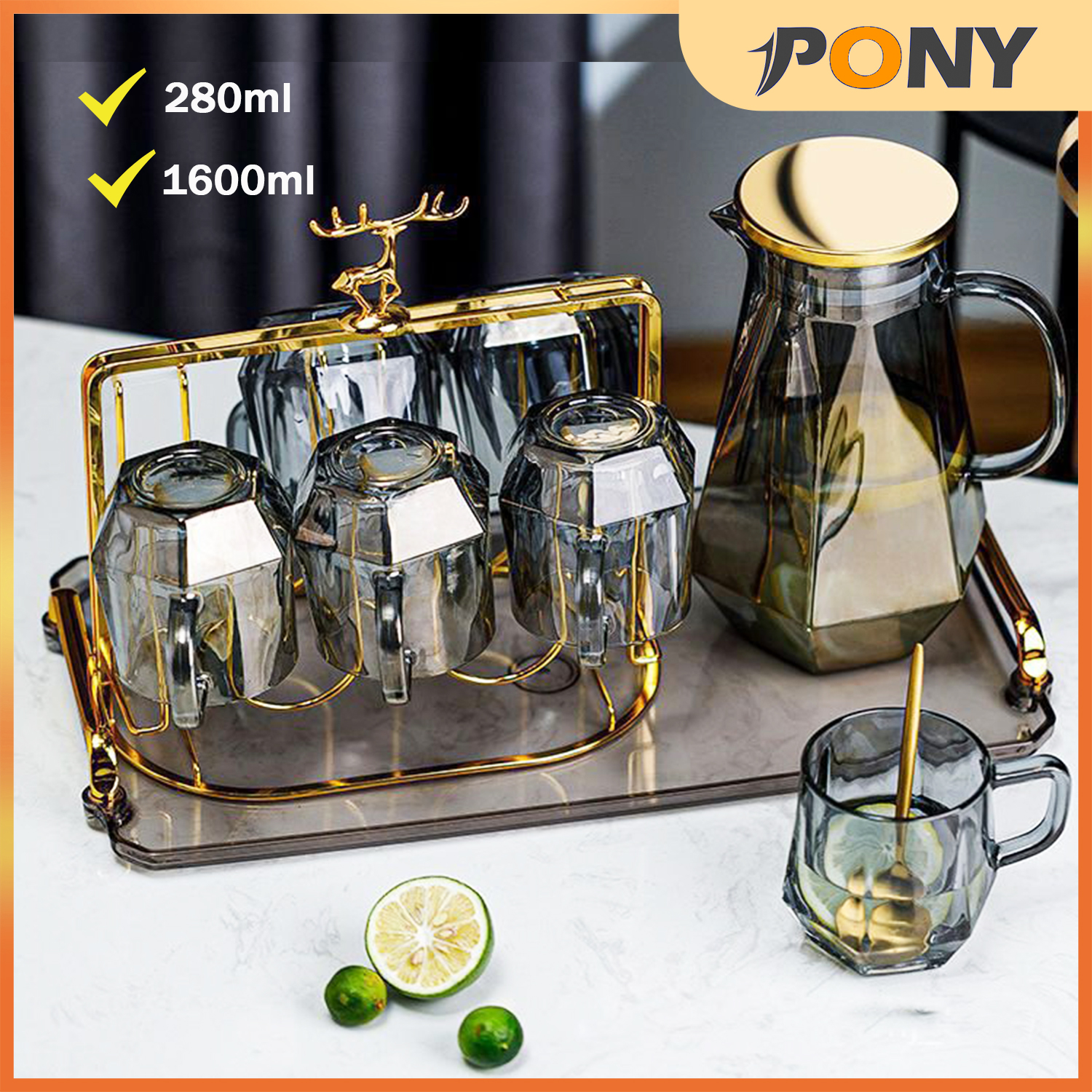PONY cawan dan jug 7 PCS glass tea pot water jar thickened jug teko lid ...