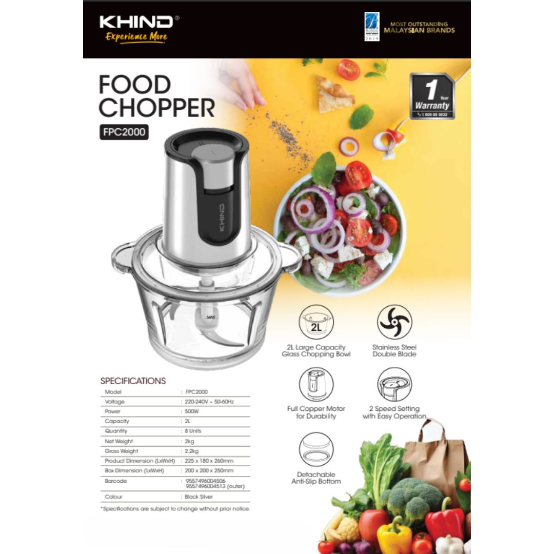 Khind Food Chopper (2.0L) FPC2000 / Milux Chopper (0.5L) MFC-500 ...