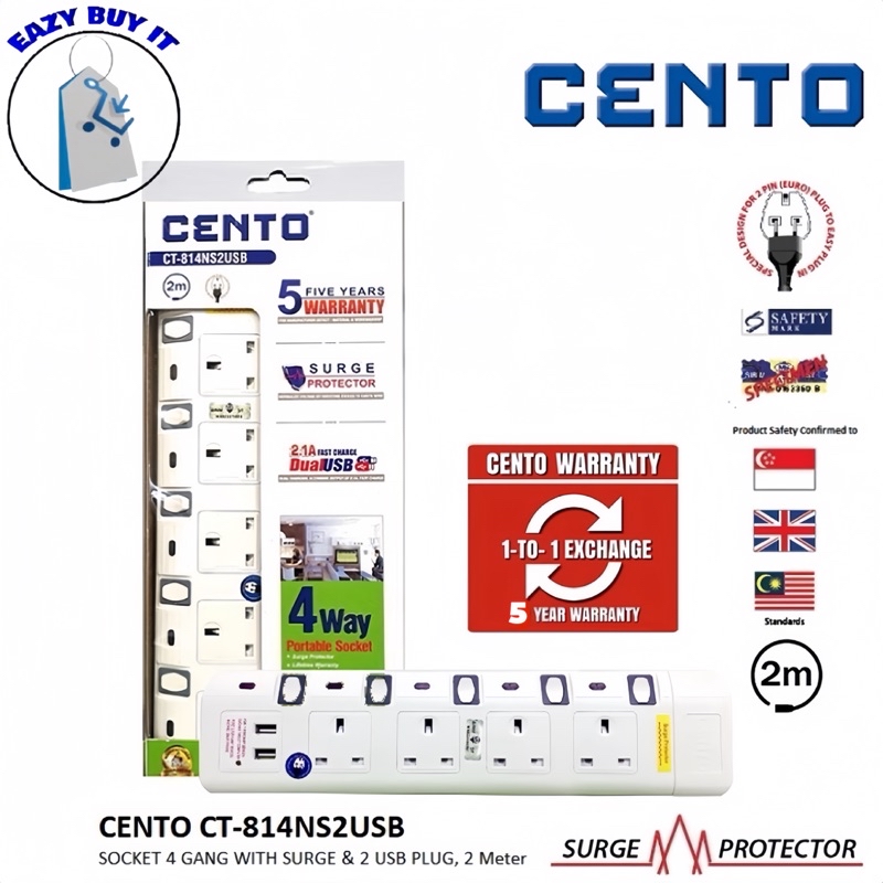 CENTO 3/4/5-GANG EXTENSION SOCKET SURGE PROTECTION WITH 2x USB-A PORTS ...