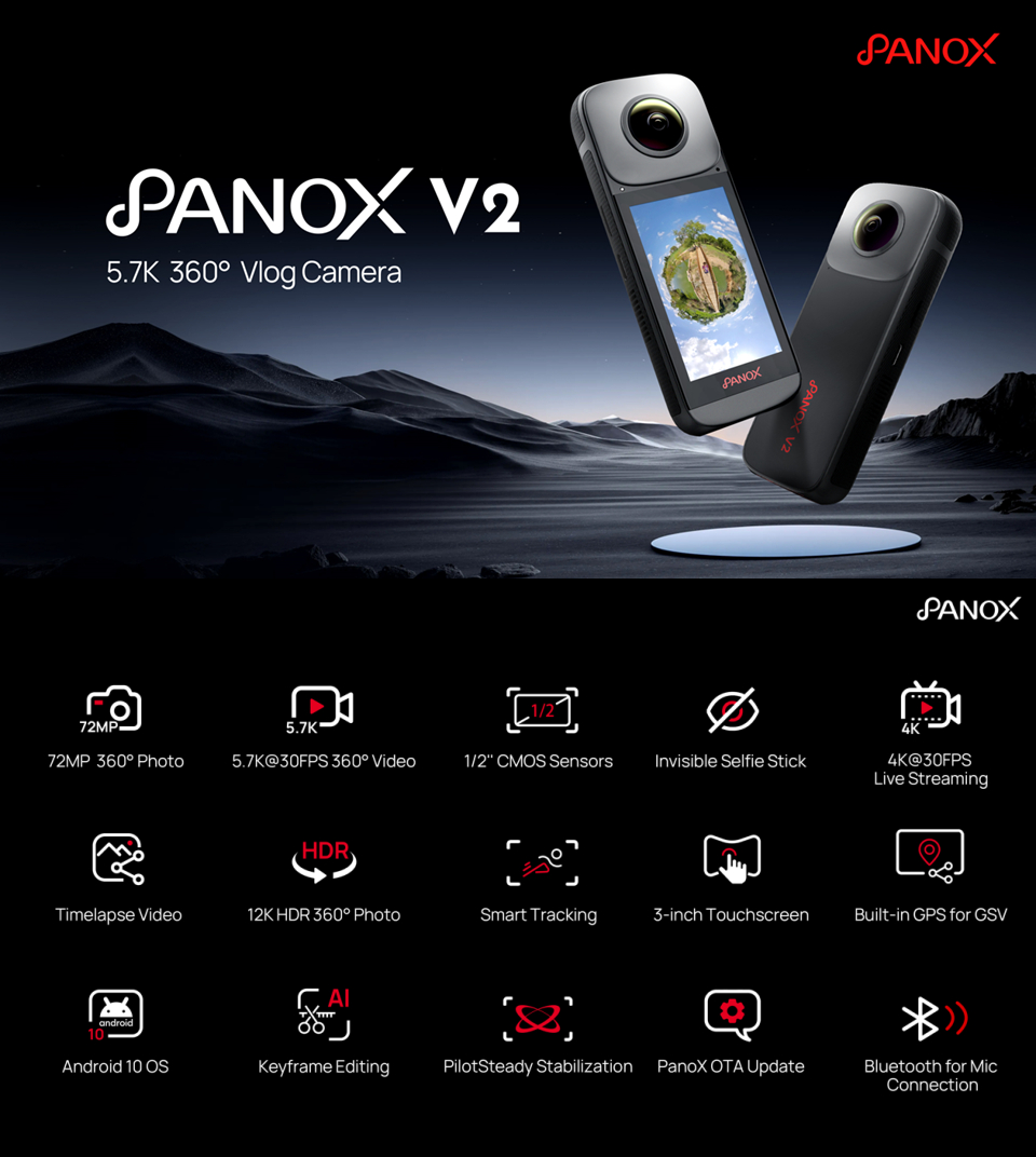 PanoX V2 8K 360° Video & 12K 360° Photo / Live FB & Youtube / Built-in GPS for Google Street ...