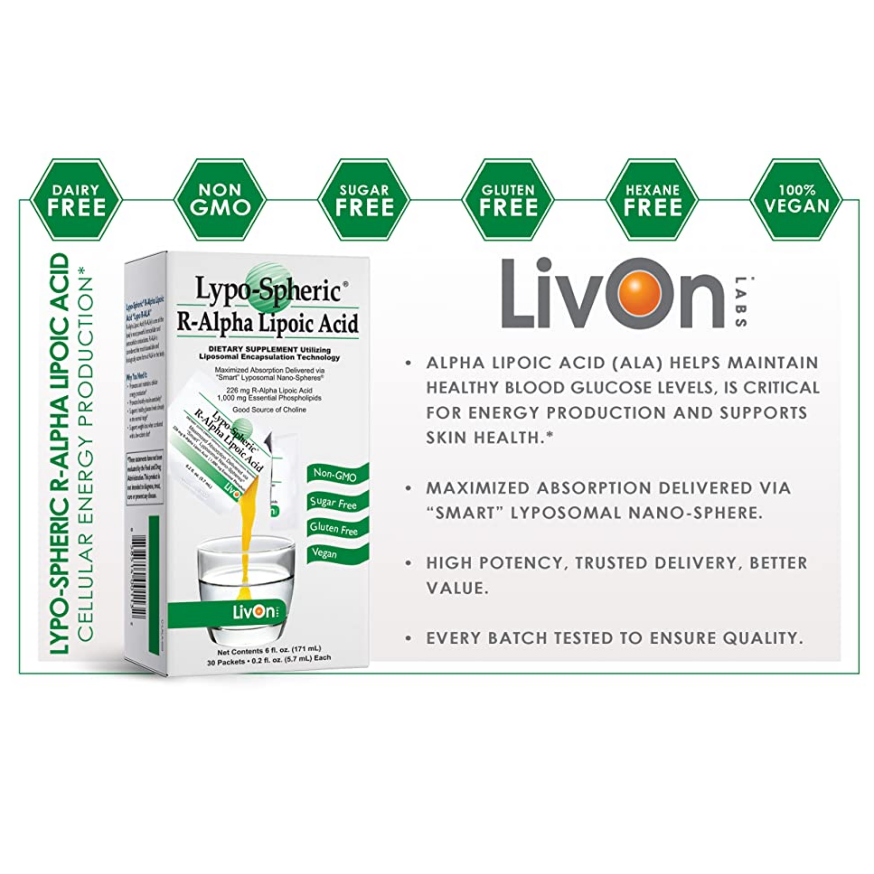 LIVON LABS Lypo-Spheric Liposomal R-ALPHA LIPOIC ACID Cellular energy ...