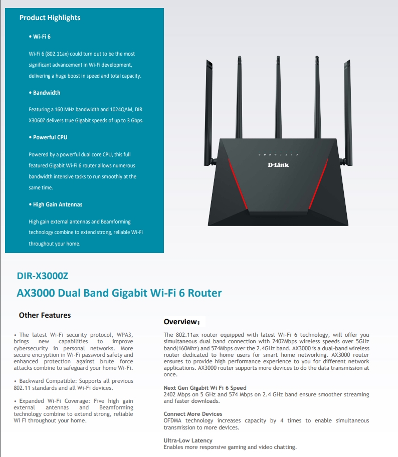 D-Link DIR-X3000Z AX3000 Mesh Wireless WiFi 6 Gigabit high power Router can mesh with TM UniFi ...