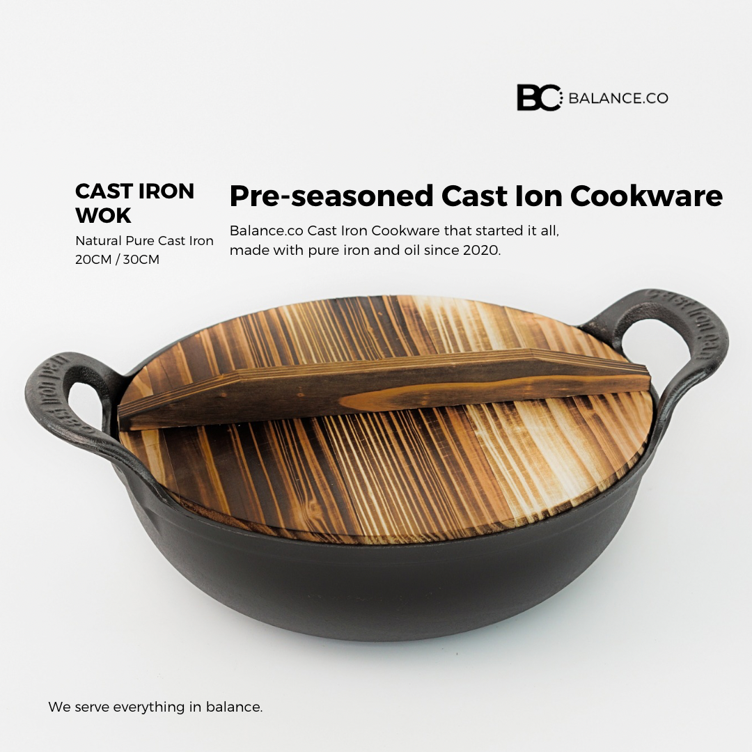 Balance.co Pure Cast Iron Ingot Wok with Wooden Lid Uncoated, Non-Stick ...