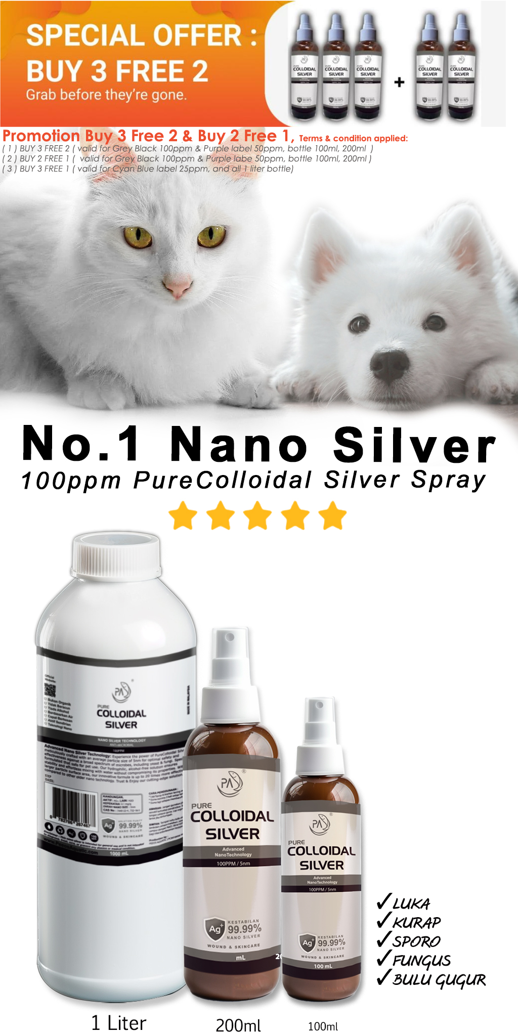 PA 100PPM PureColloidal Nano Silver Pets Spray Colloidal Silver cat dog ...