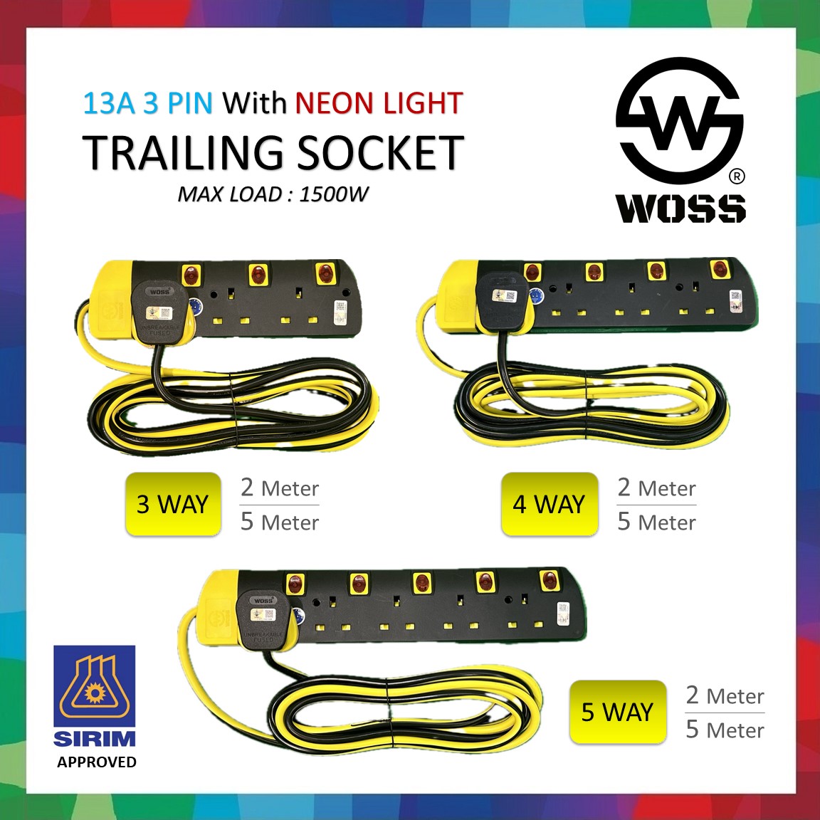 PEAK / WOSS 2way 3way 4way 5way Trailing socket 2 Meter cable 5 Meter ...