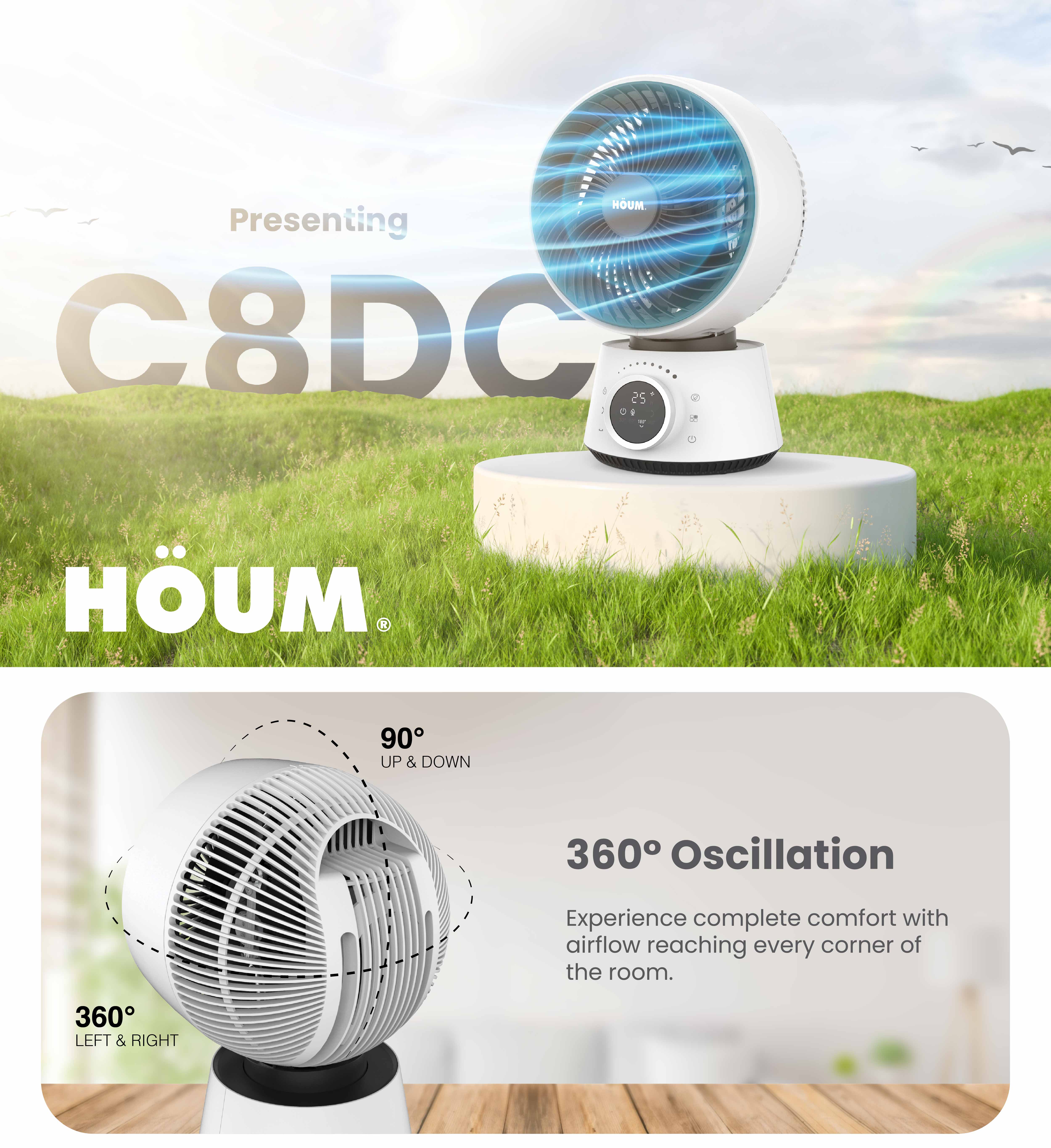 HOUM C8DC Air Circulator Fan 360 Circulation DC Motor 32 Speed Low ...