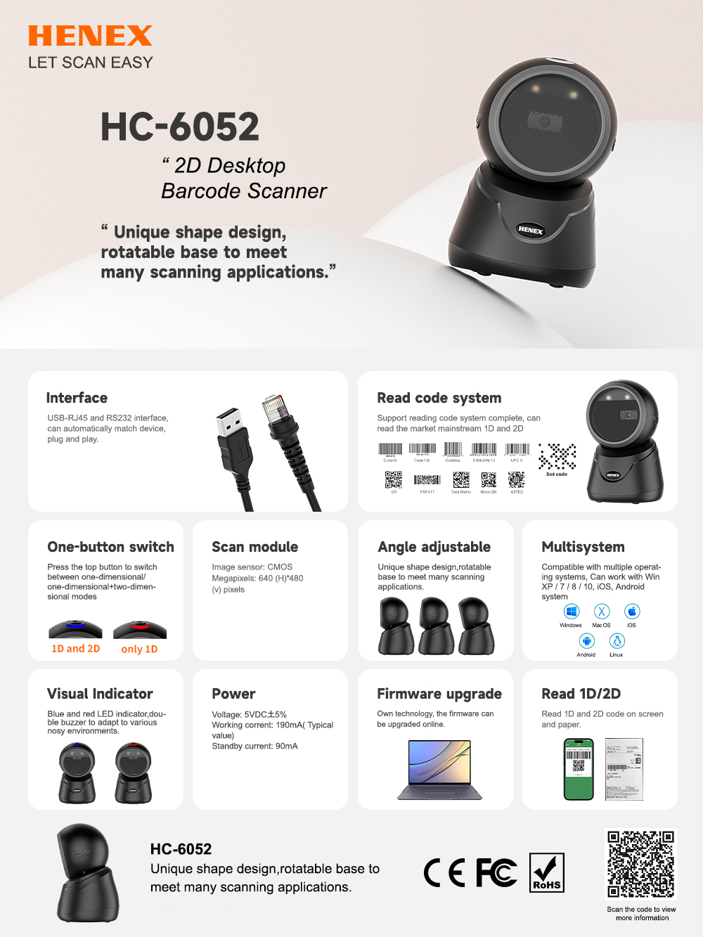 HENEX HC-6052 1D 2D Barcode Scanner Price Tag Scanner USB QR Code POS ...