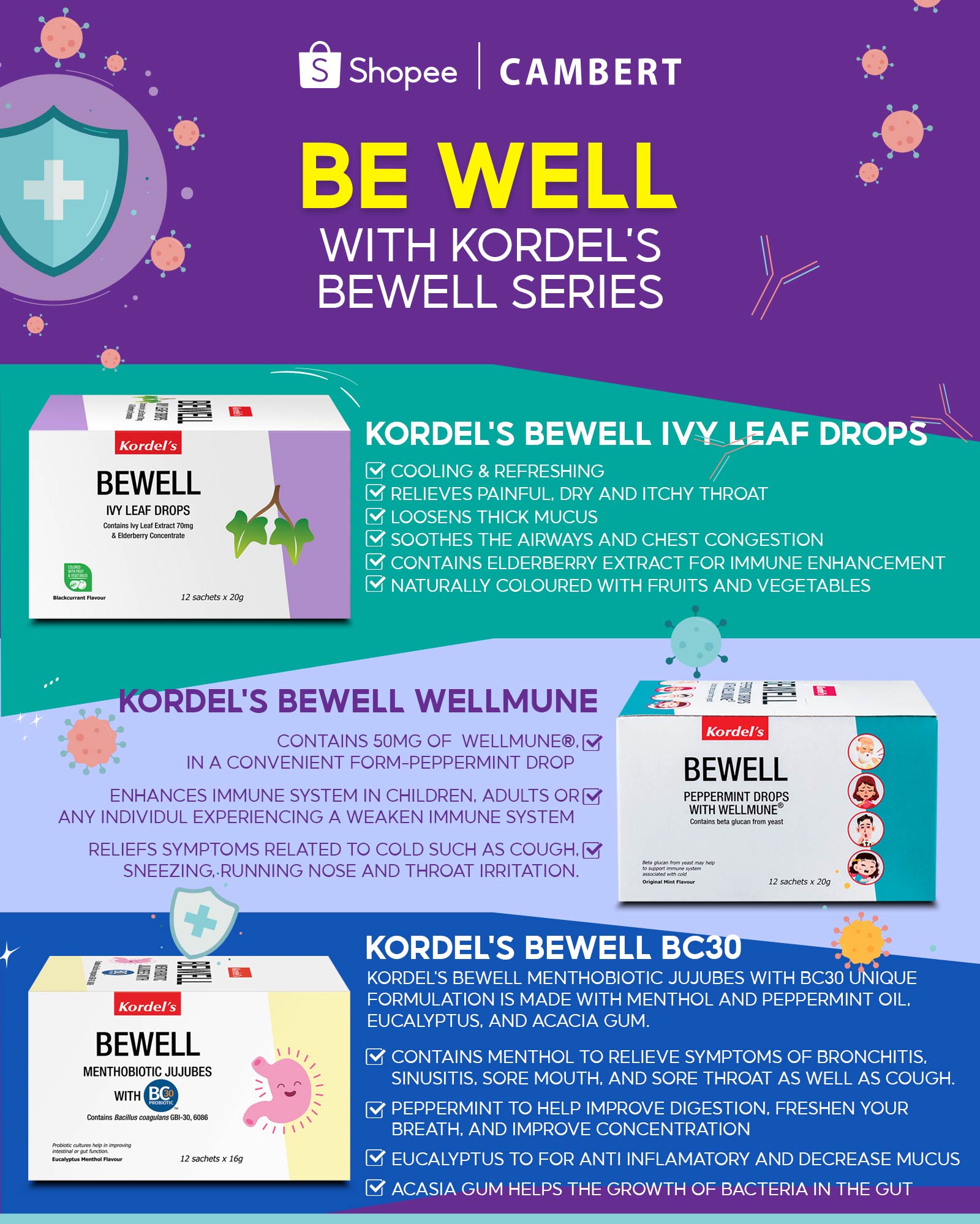 Kordel's BEWELL Peppermint Drops with Wellmune 1 sachet to promote healthy immune system ...