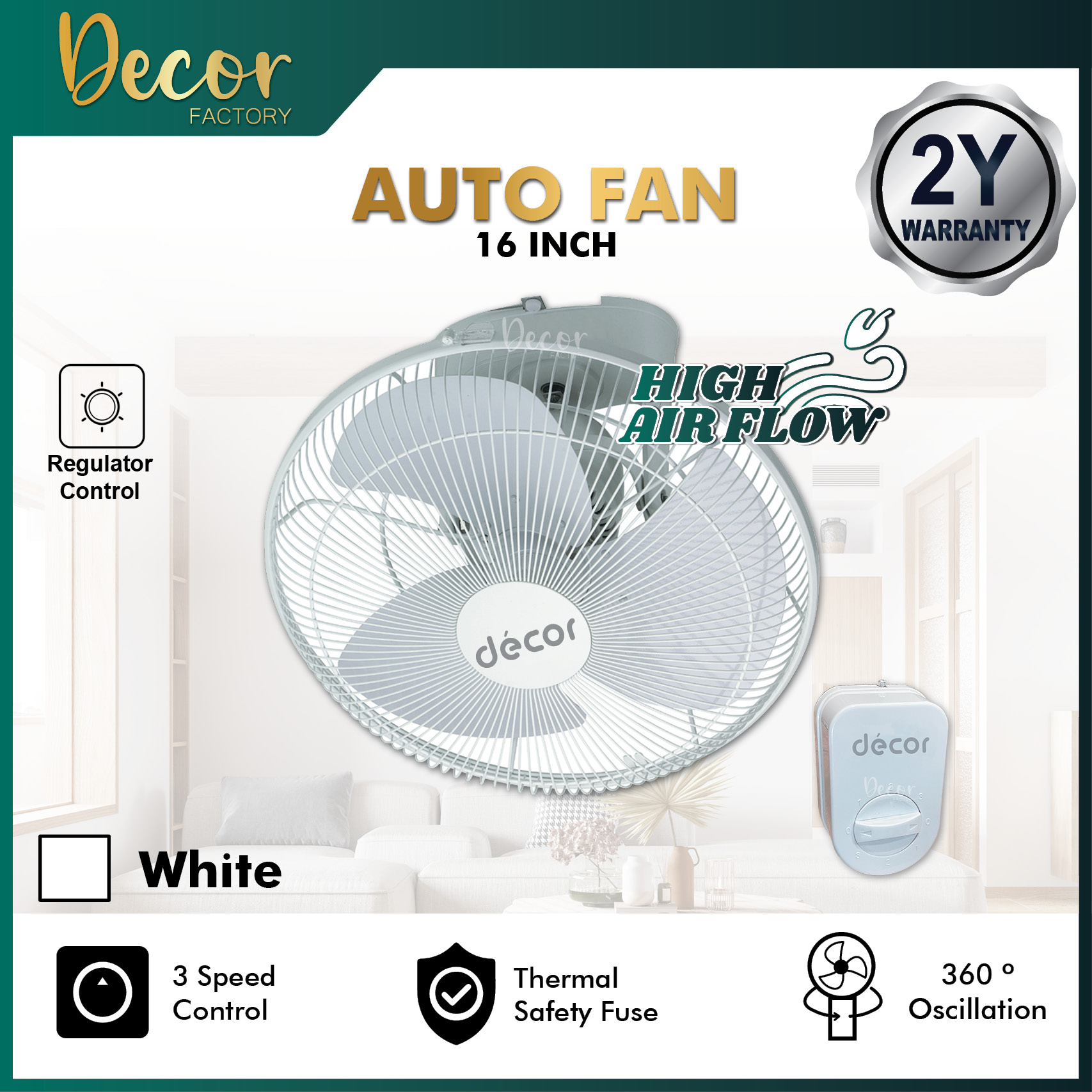 Auto Fan 16'' 3 Blades 3 Speed 360 Degree Ceiling Auto Fan with ...