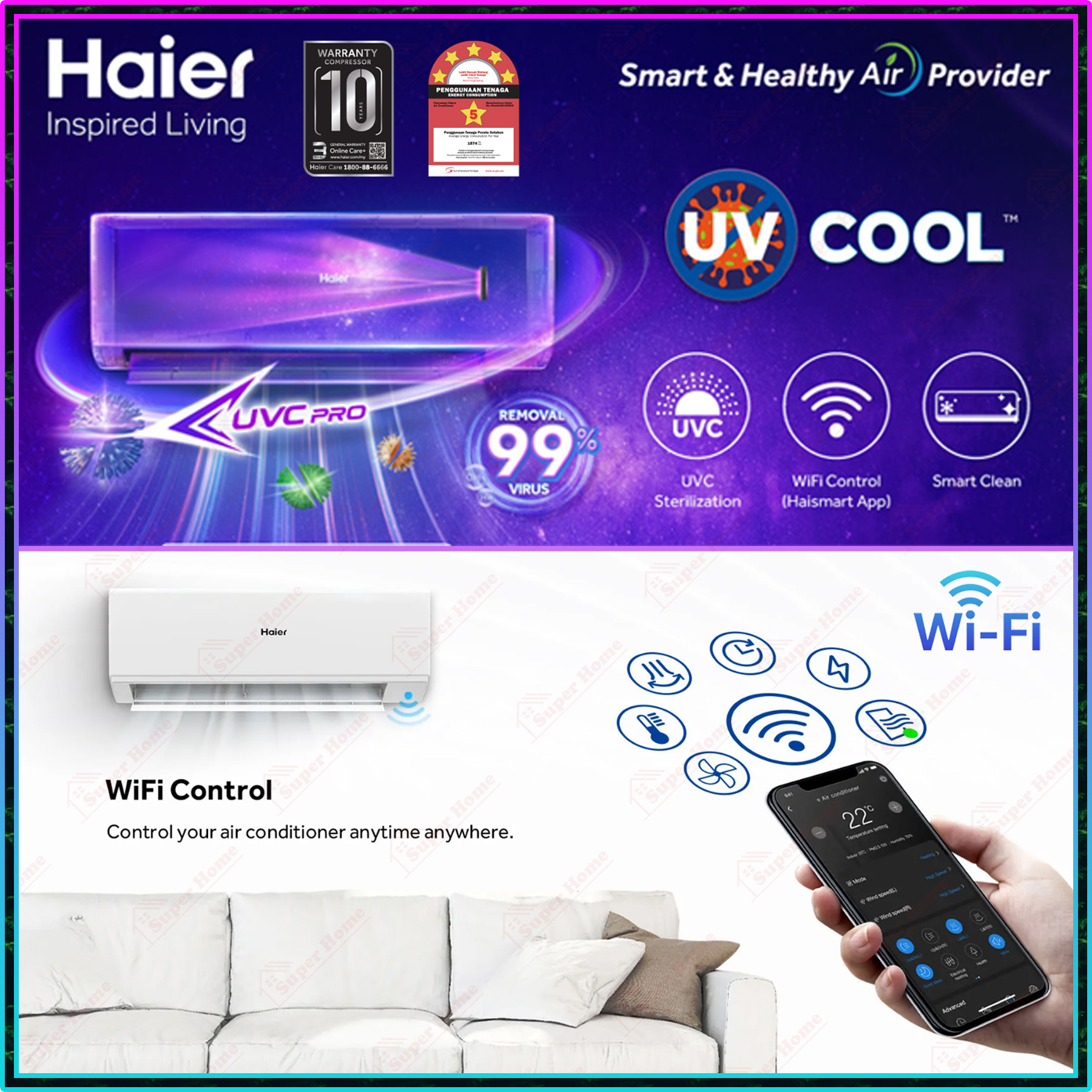 Haier 1.0hp Inverter Air Conditioner HSU-10VRA22 (WiFi) UV Cool Smart R32 5 Star Energy Rating ...