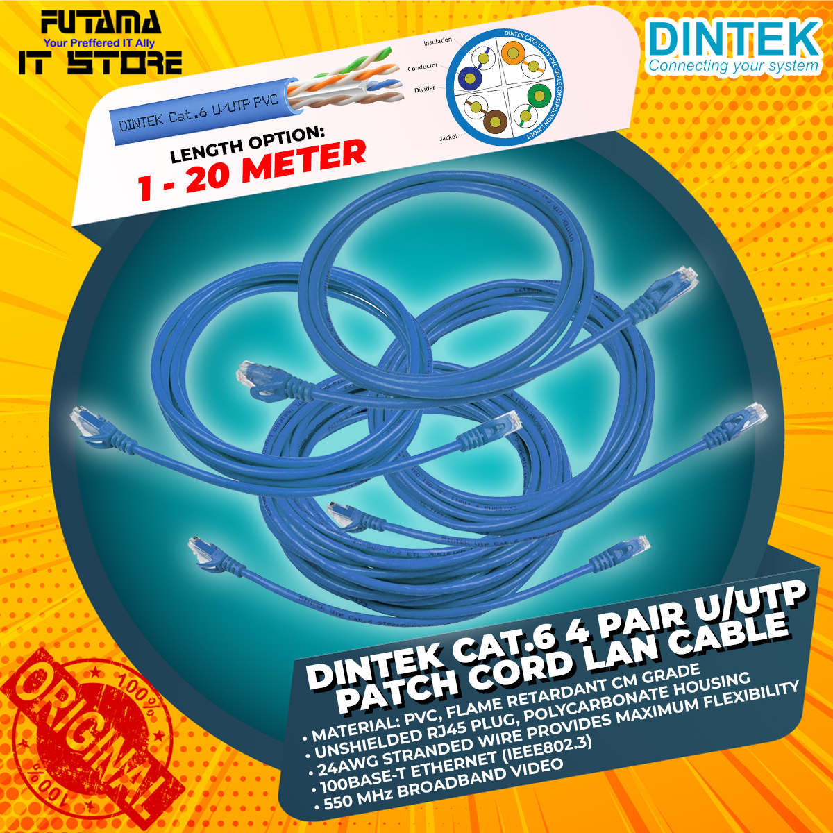 DINTEK PowerMAX Blue Cat.6 U/UTP T568B Patch Cord (PVC) LAN Cable ...