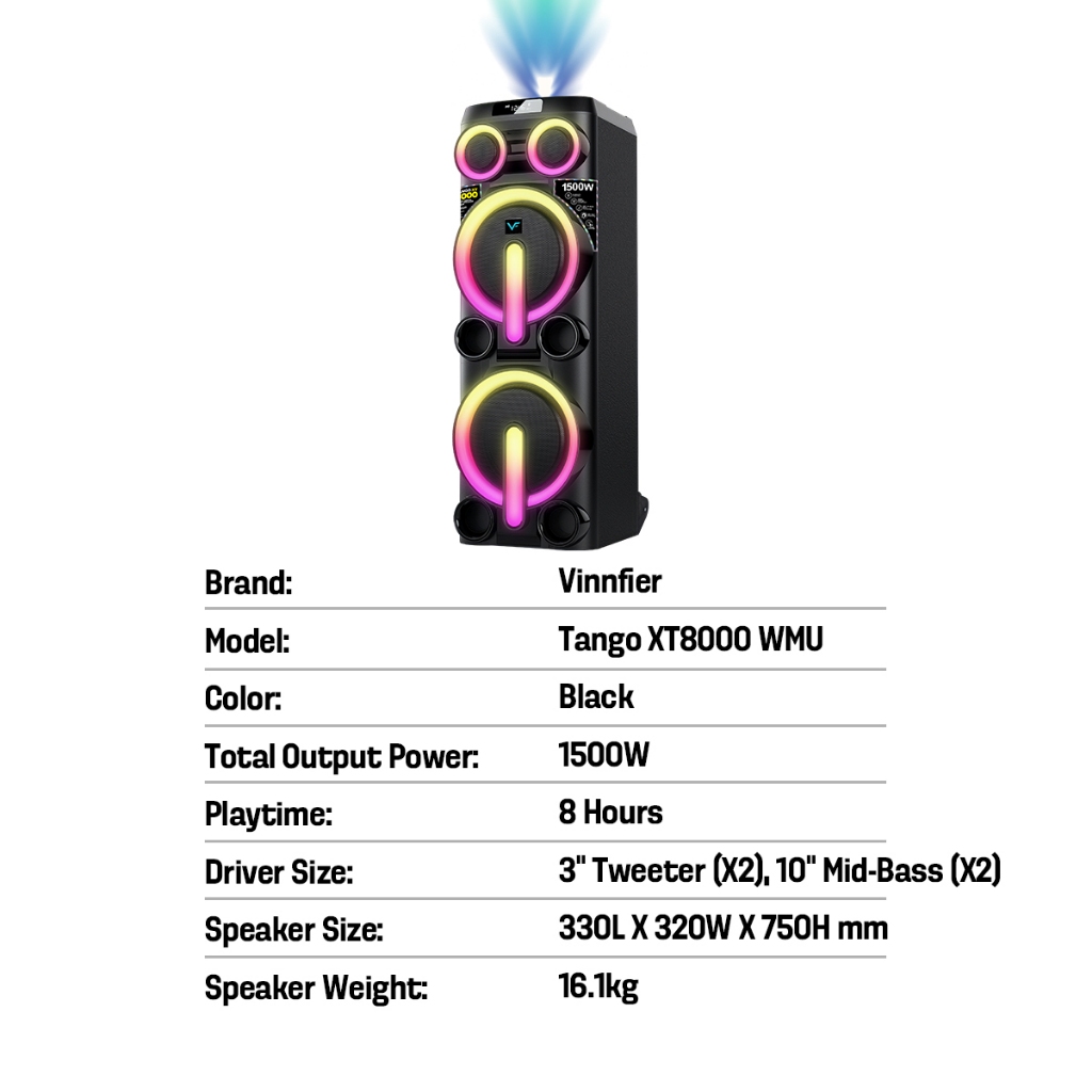 Vinnfier VF Tango XT8000 WMU Partybox Portable Karaoke Speaker 1500W MAX 14000mAh TWS AUX USB FM ...