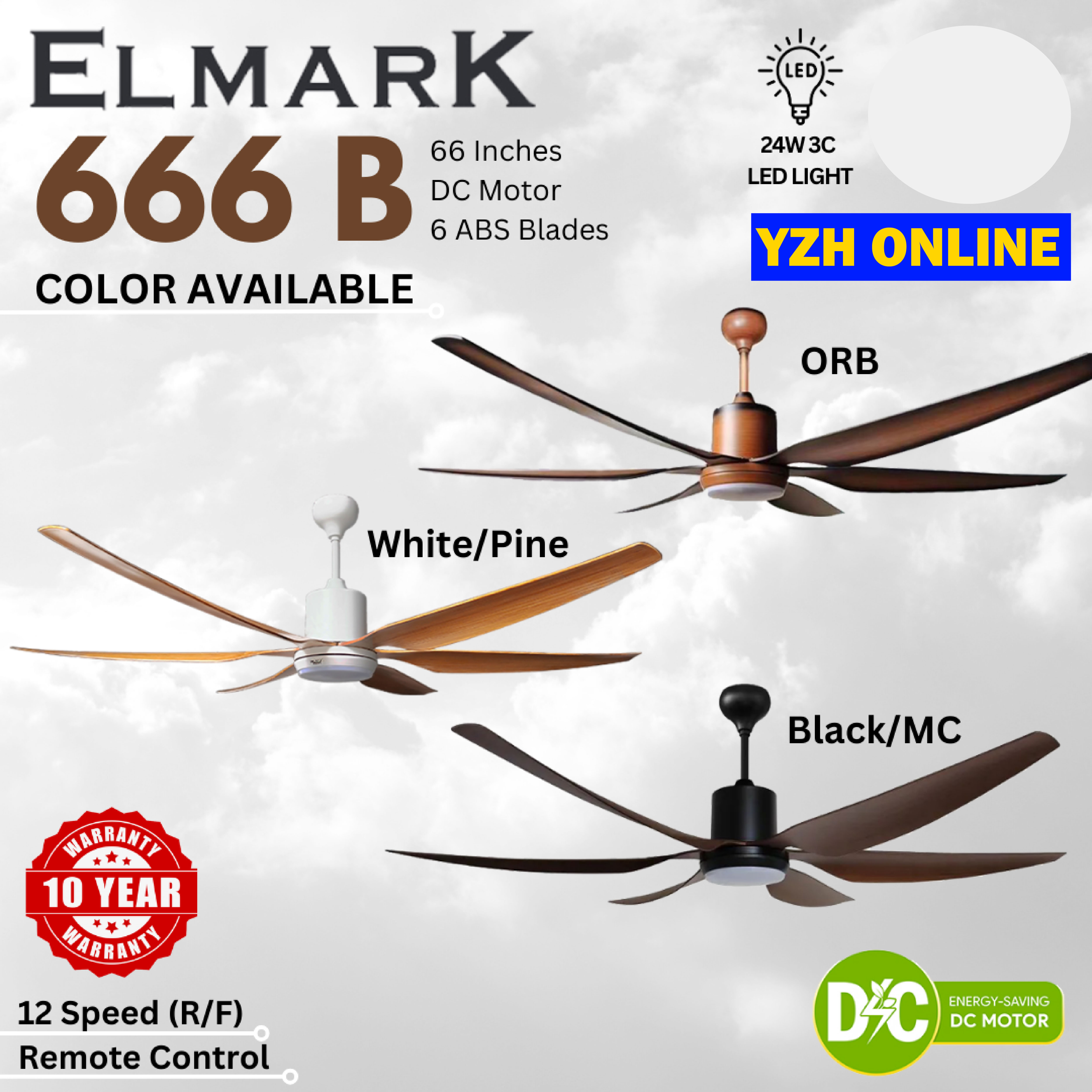 Elmark Ceiling Fan 66inch DC Motor 24W LED ABS Blades With 6+6 Speed ...