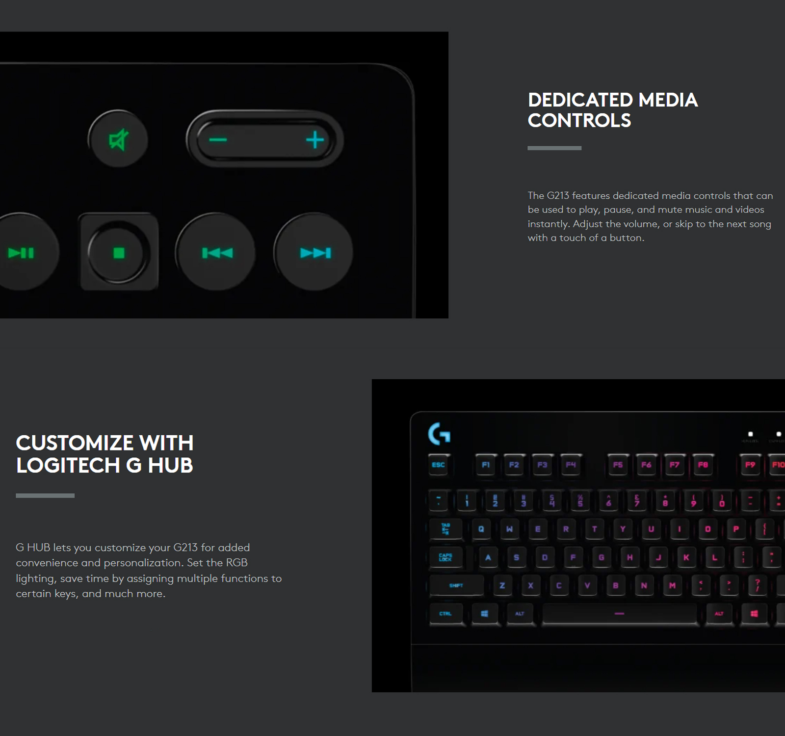 Logitech G213 PRODIGY RGB Wired Gaming Keyboard | Dedicated Media ...