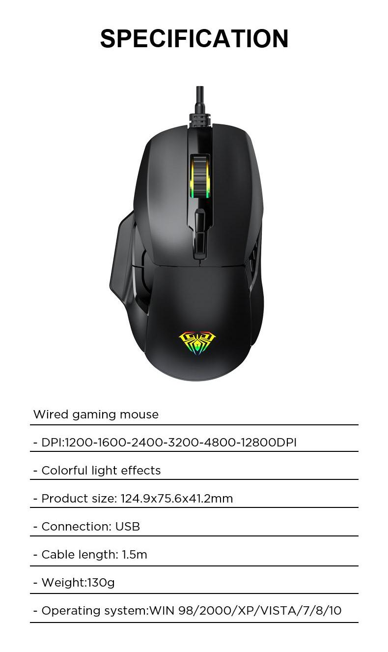 AULA F815 Wired Gaming Mouse 12800 DPI RGB 13 Backlit Modes & 6 Macro ...